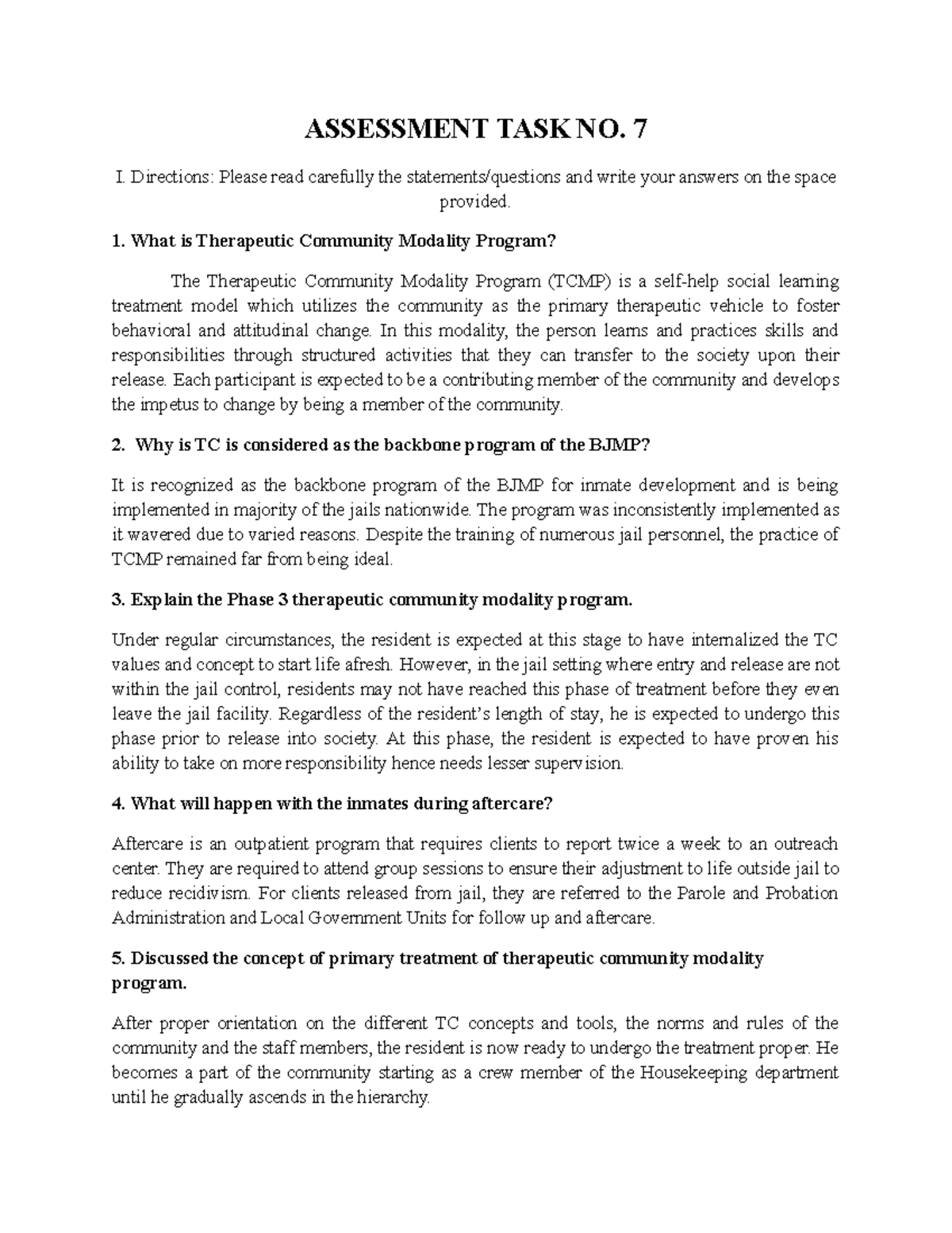 CA 323- Assessment TASK NO. 7 - ASSESSMENT TASK NO. 7 I. Directions ...