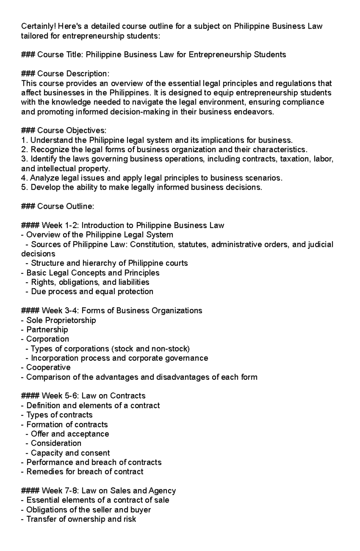 Business Law Course Outline - Certainly! Here's a detailed course ...