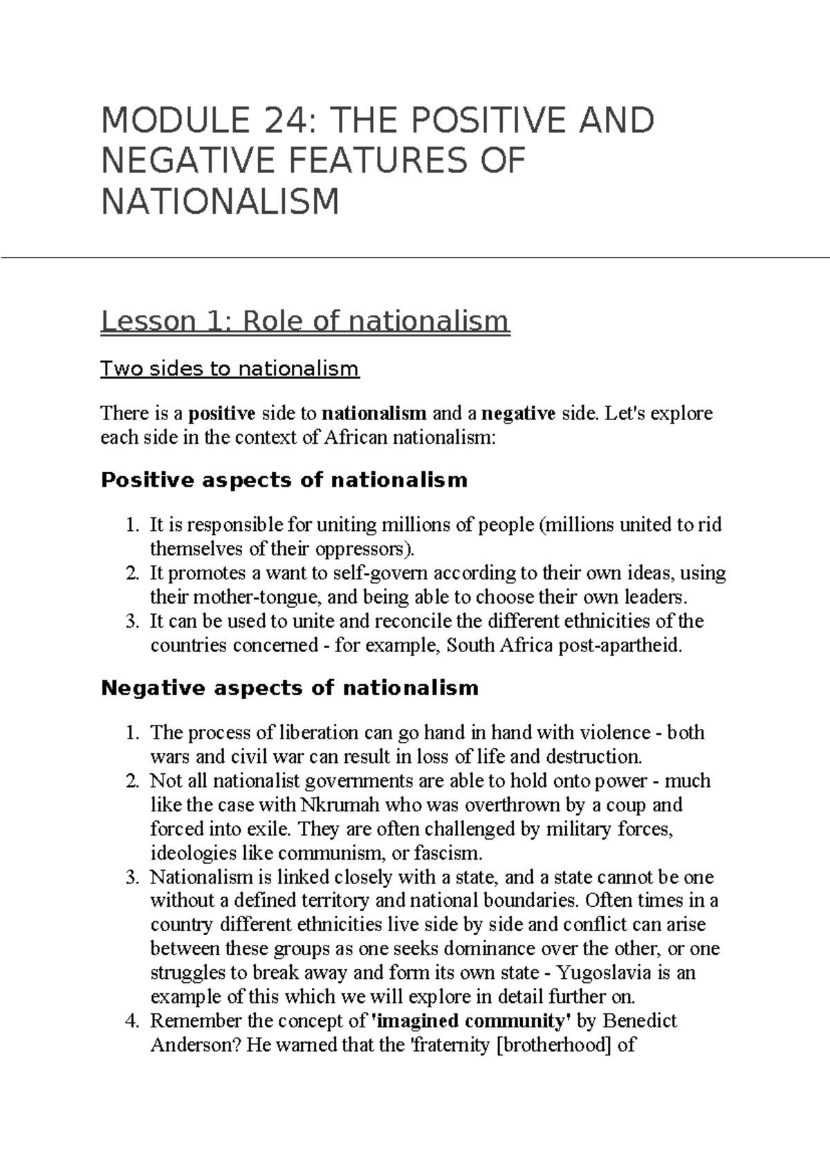 Module 24-The positive and negative features of nationalism - MODULE 24: THE POSITIVE AND ...