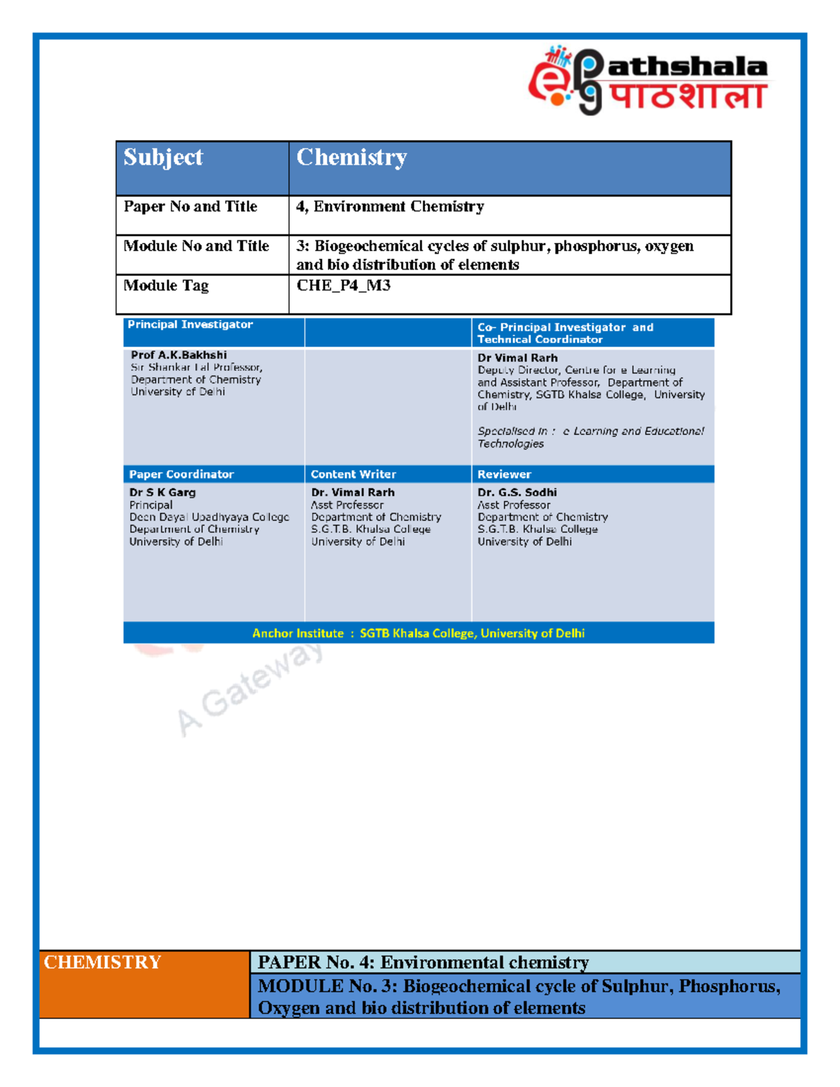 3: Biogeochemical cycles of sulphur, phosphorus, oxygen and bio ...
