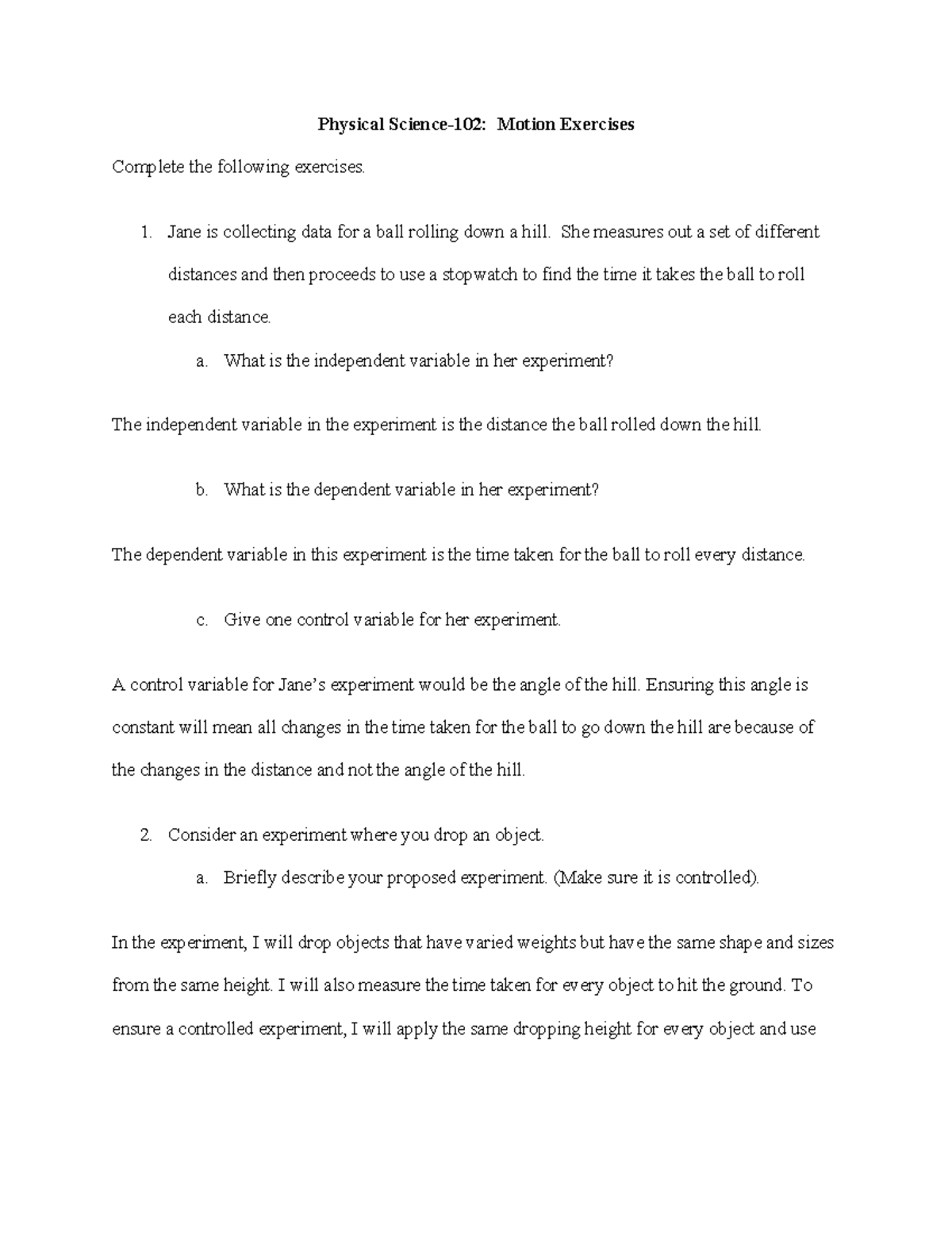 Physical Science 102- Motion Exercises Assignment - Physical Science ...