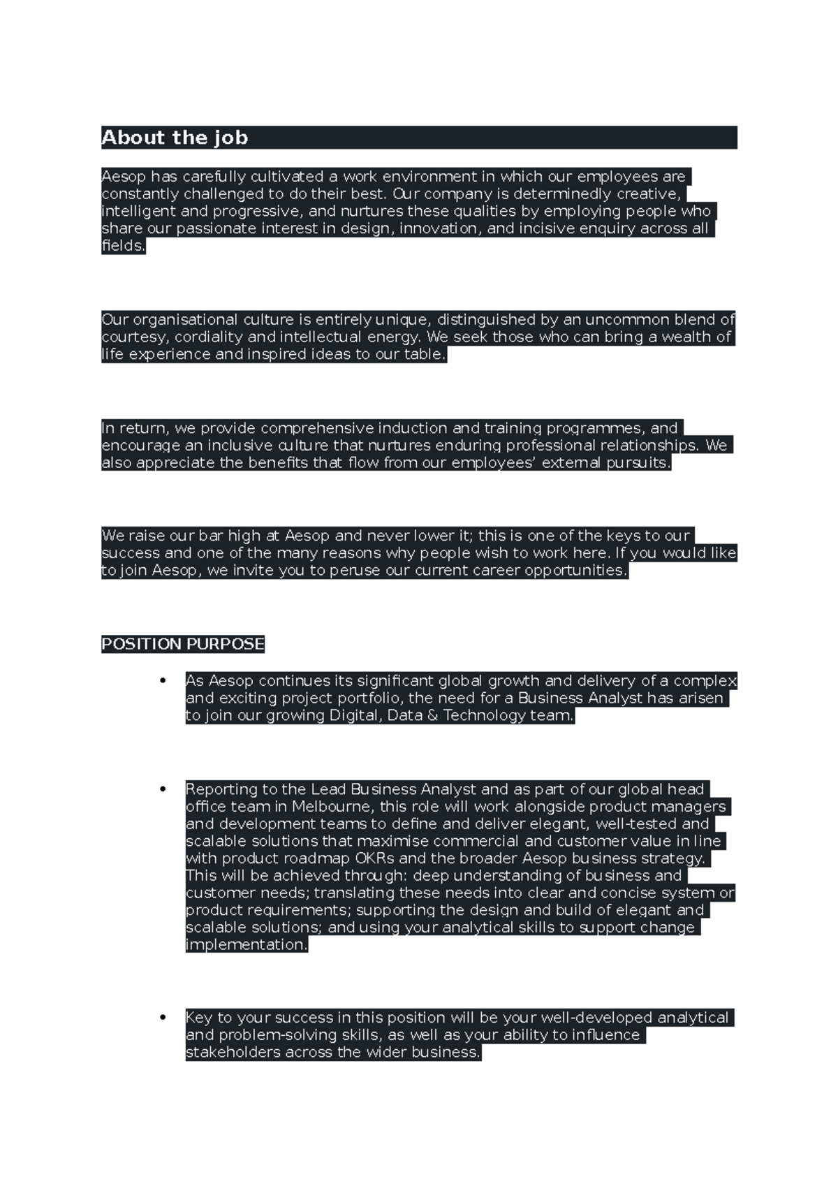 Aesop Assignment Final - About the job Aesop has carefully cultivated a ...