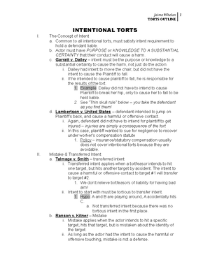 Torts full outline - Jaime Whelan TORTS OUTLINE 1 INTENTIONAL TORTS I ...