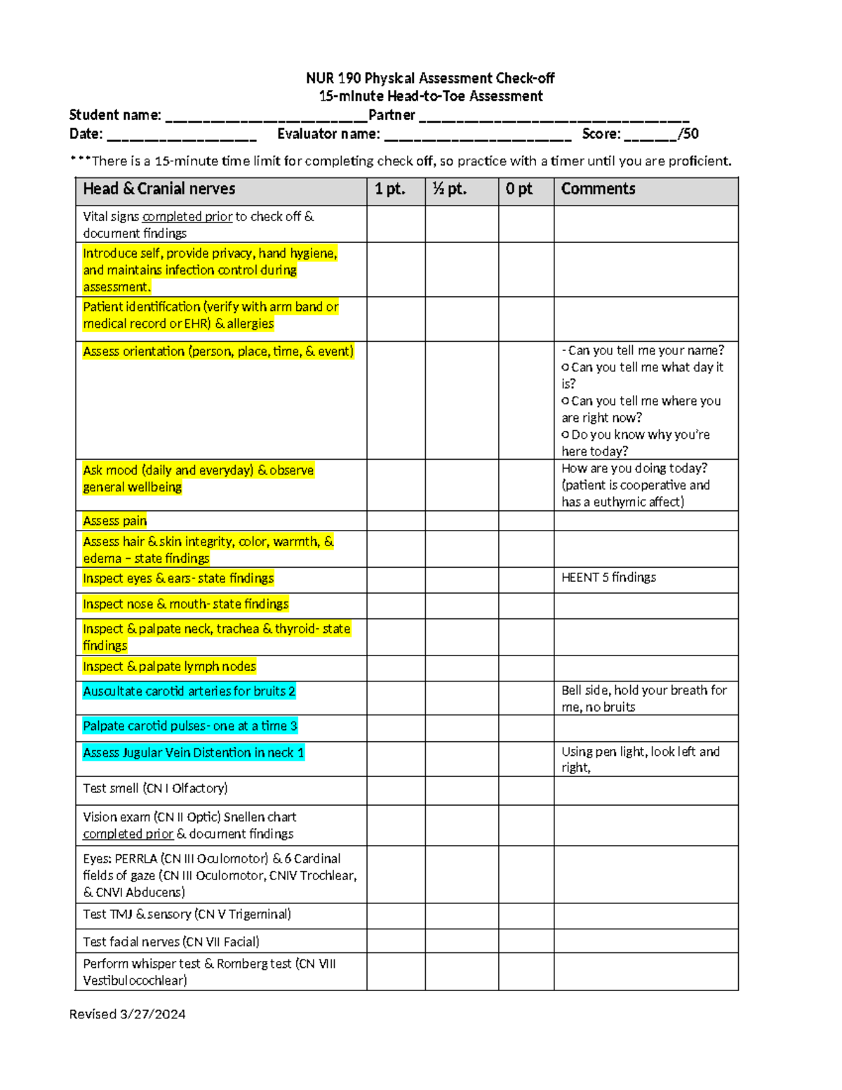 NUR 190 Physical Assessment Checklist - NUR 190 Physical Assessment ...