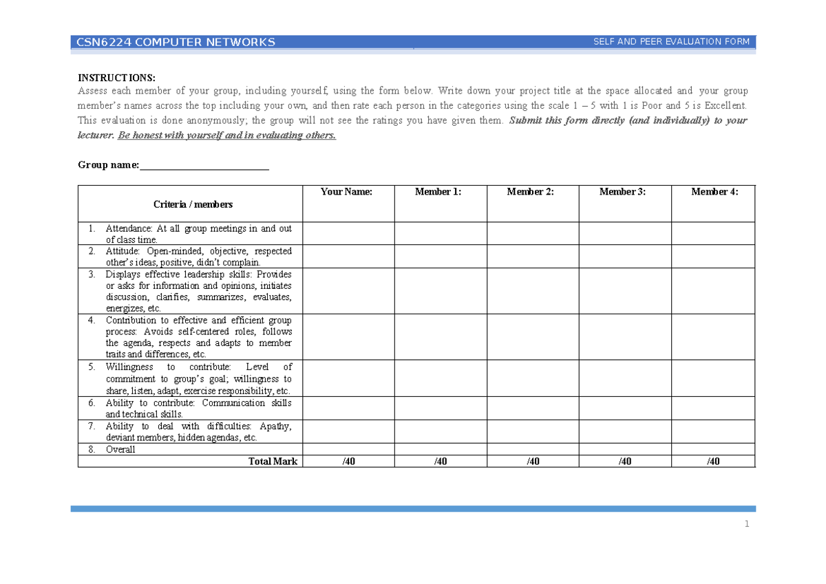 Appendix 3 - Self Peer Evaluation Form - CSN6224 COMPUTER NETWORKS SELF ...