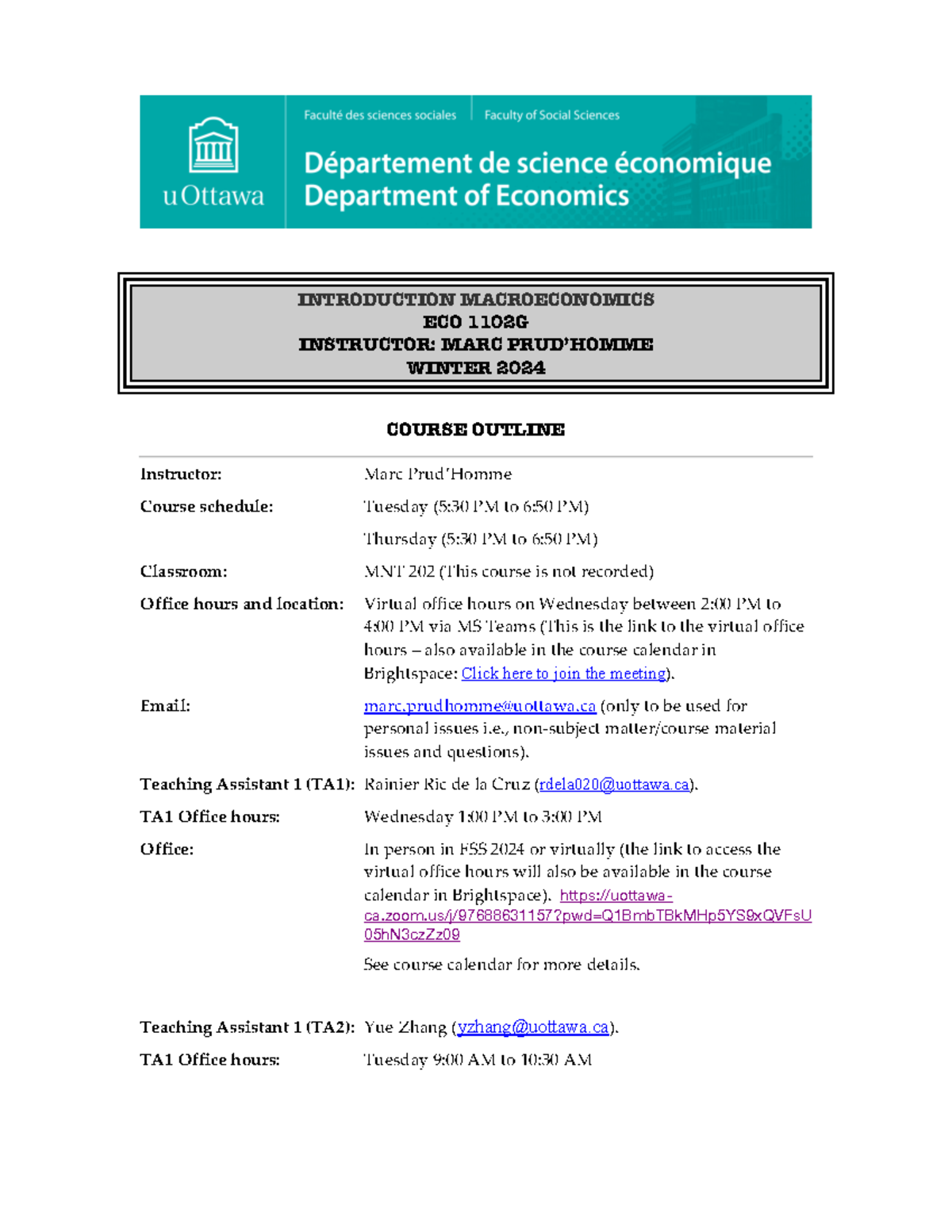 ECO1102 0 utline W2024V3 - INTRODUCTION MACROECONOMICS ECO 1102G INSTRUCTOR: MARC PRUD’HOMME ...