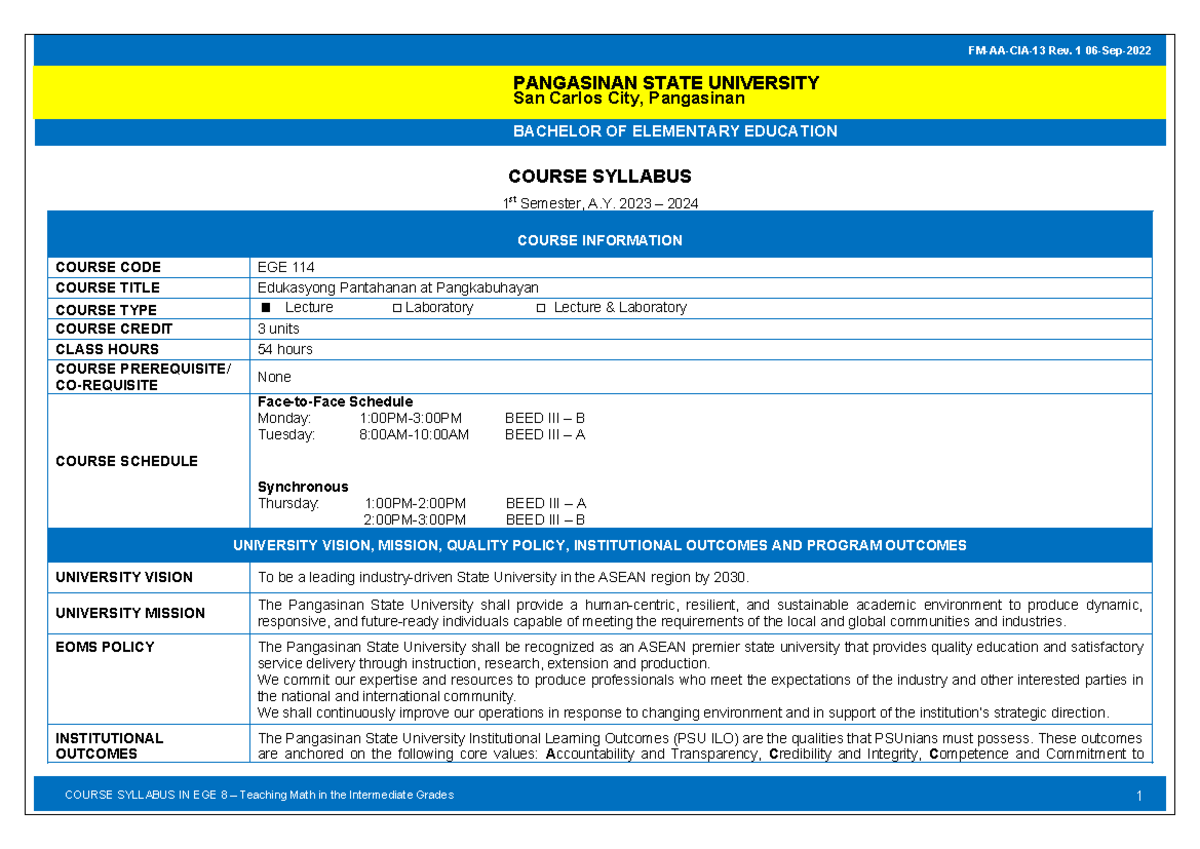EGE 114 Course Syllabus - COURSE SYLLABUS IN EGE 8 – Teaching Math in ...