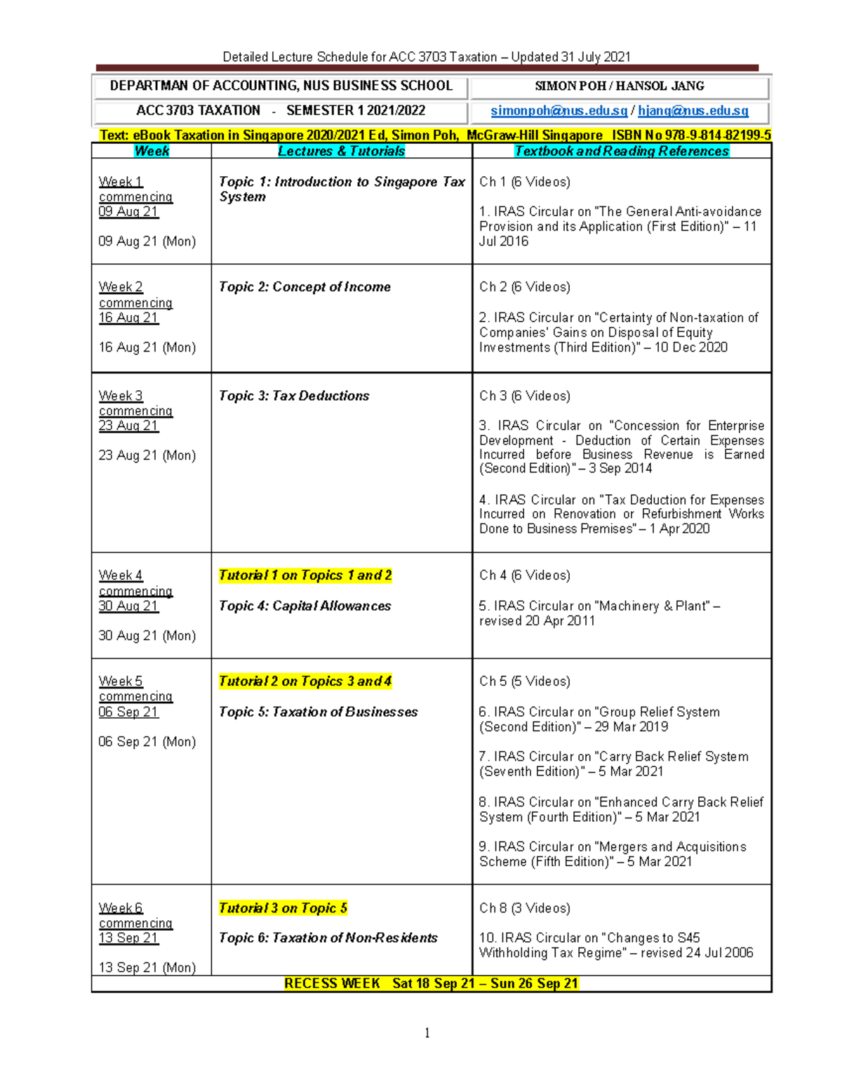 ACC 3703 Taxation Detailed Teaching Schedule for AY 2021 22 Sem 1 draft ...