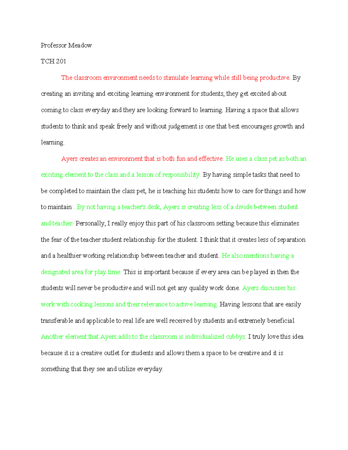 TCH 201 Assignment 5 Ayers - Professor Meadow TCH 201 The classroom ...