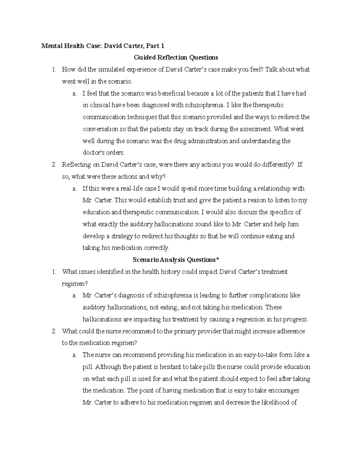#2 David Carter Guided Reflection - Mental Health Case: David Carter, Part 1 Guided Reflection ...