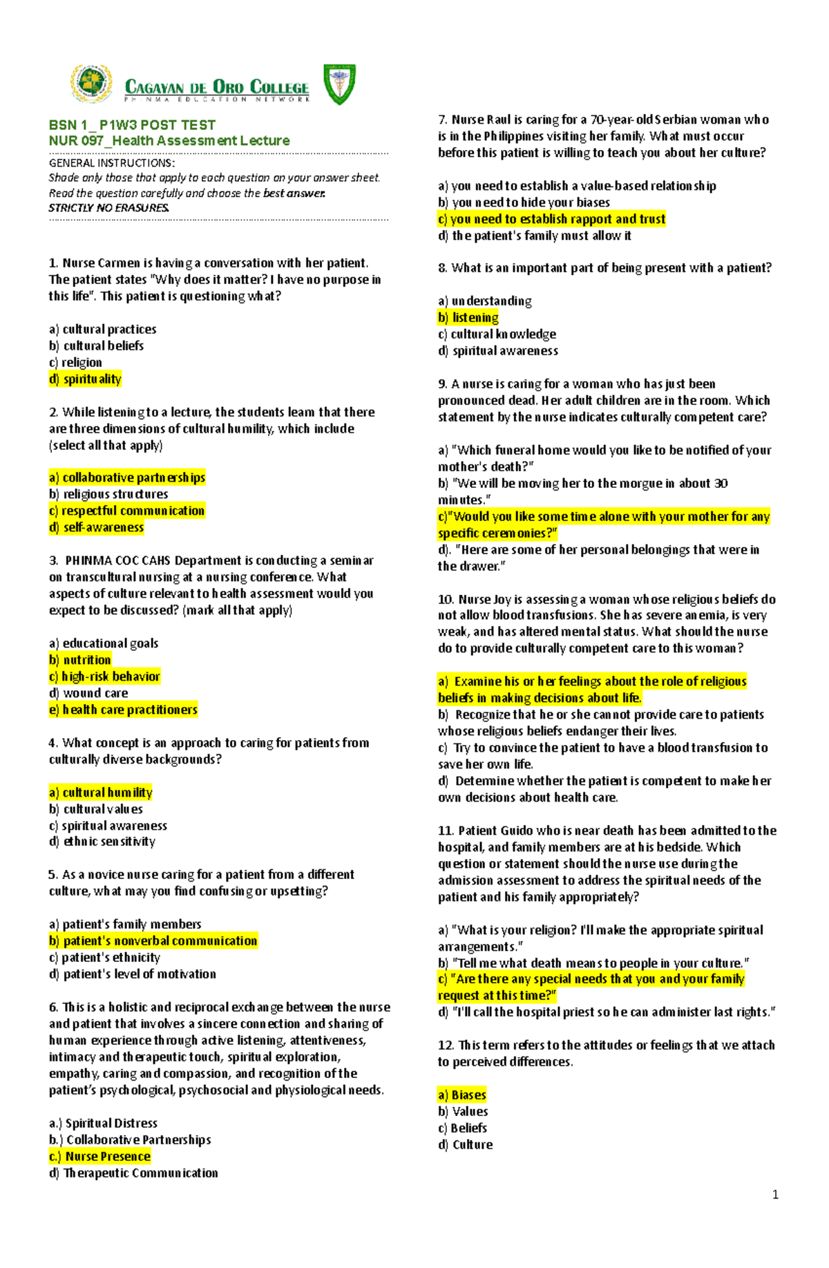 Answer Key NUR 097 P1W3 POST TEST - BSN 1_ P1W3 POST TEST NUR 097 ...