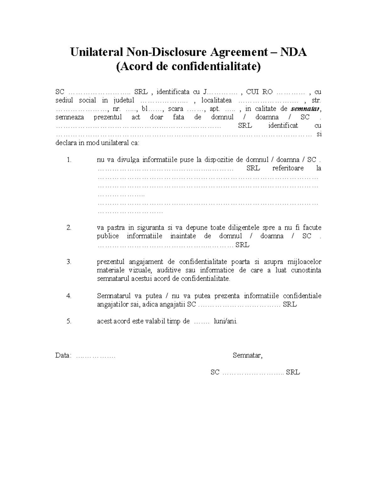 NDA-model-romana - Summary Corporate Law - Unilateral Non-Disclosure ...