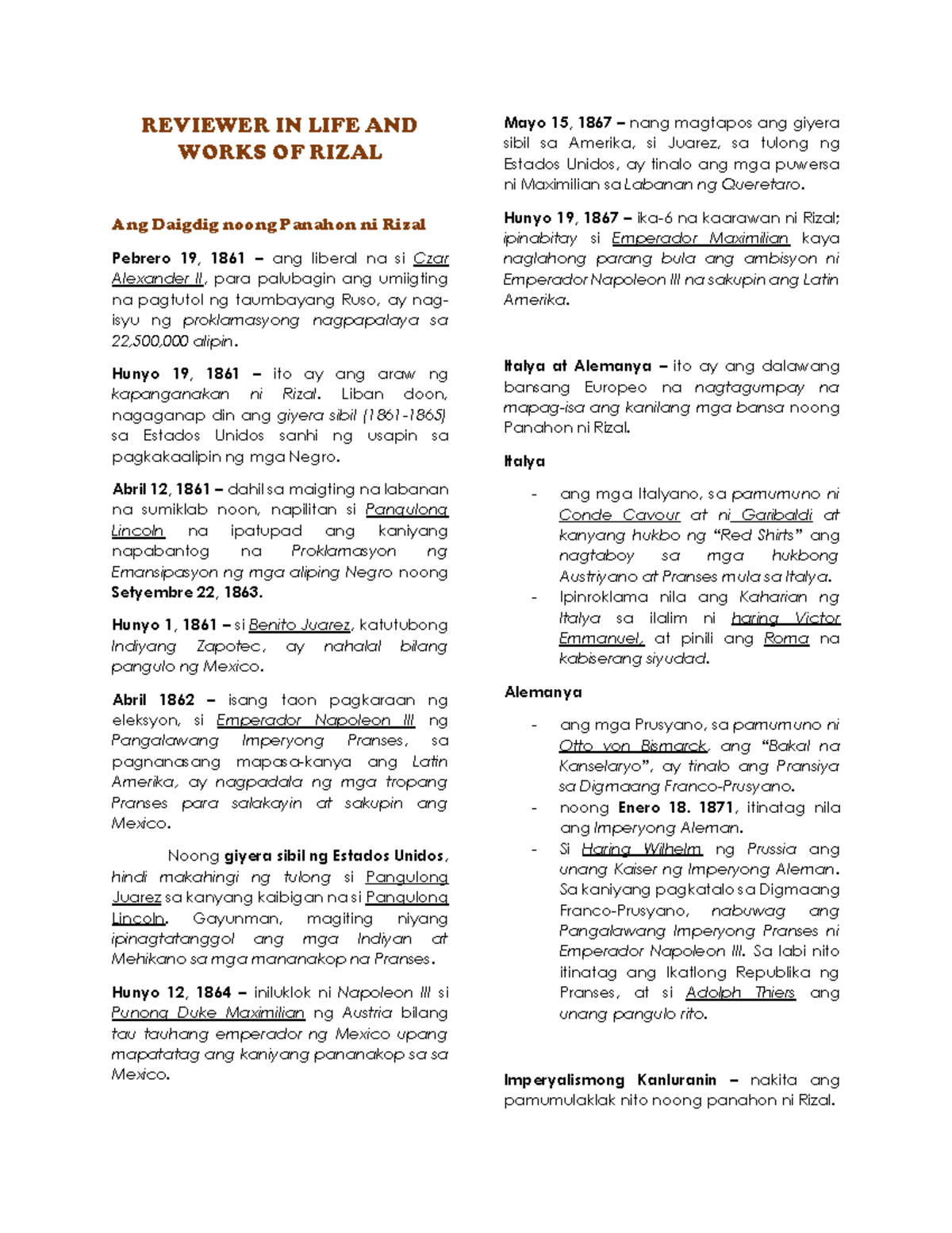 Reviewer IN LIFE AND Works OF Rizal SET A - REVIEWER IN LIFE AND WORKS ...