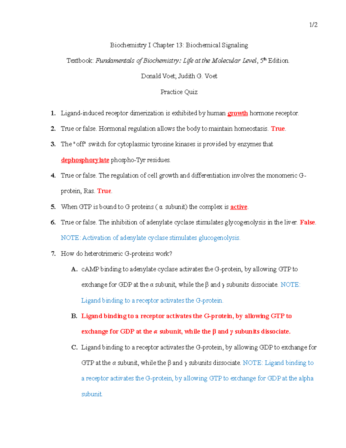 Chapter 13 - Biochemical Signaling Practice Quiz - 1/ Biochemistry I ...