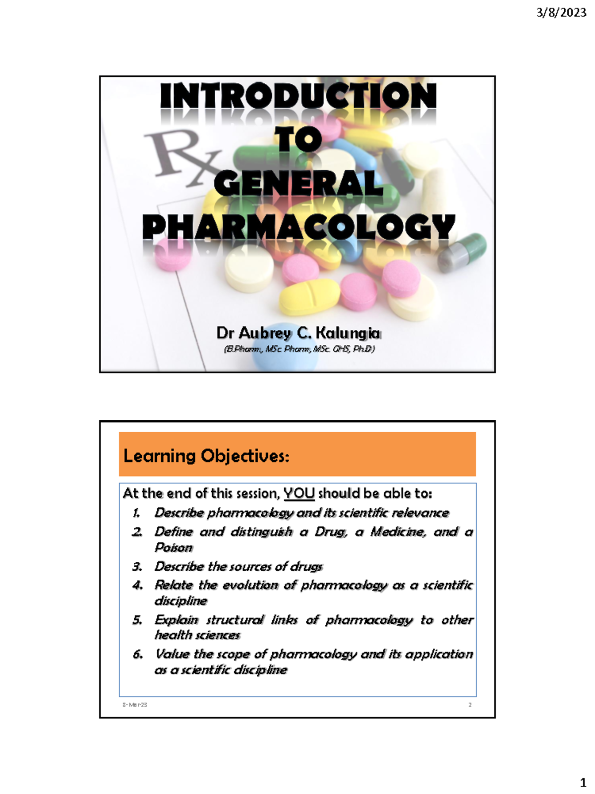 Introduction TO Pharmacology lecture handout - Dr Aubrey C. Kalungia (B ...