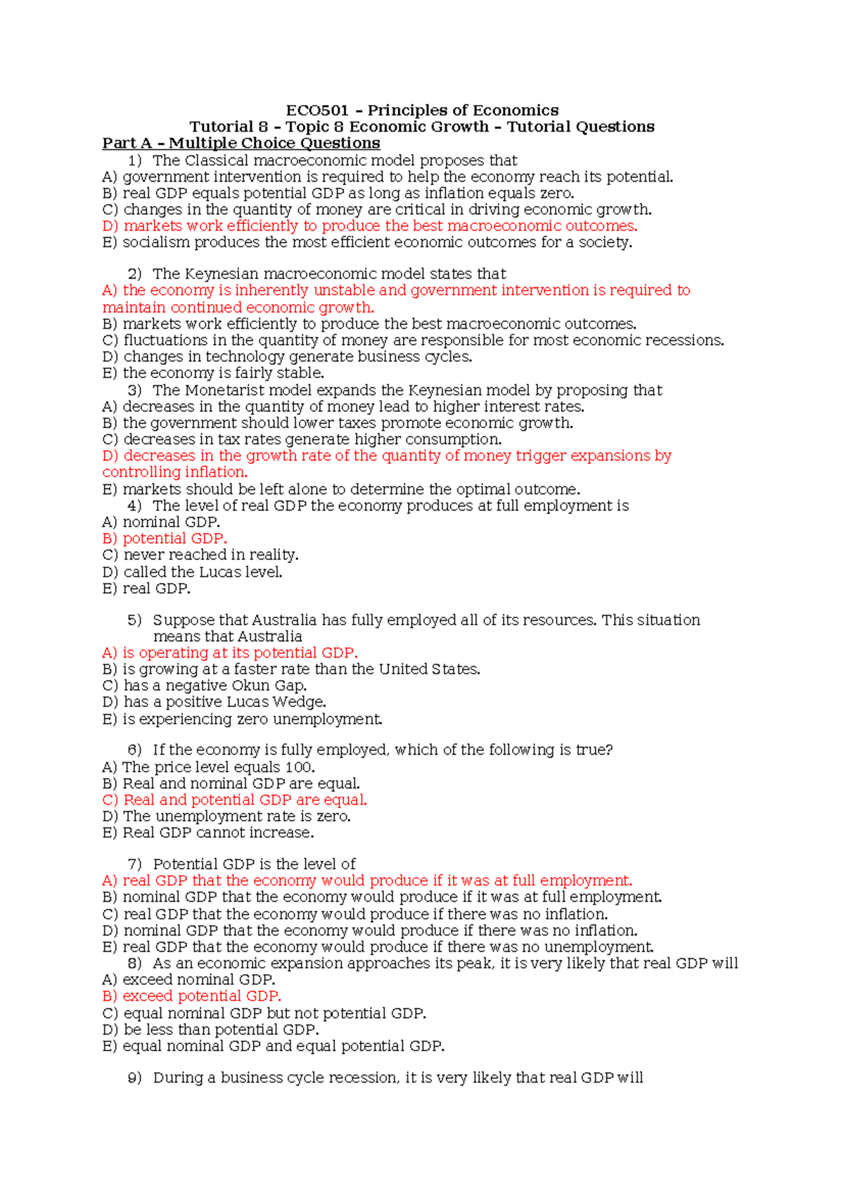 Tutorial 8 Questions - ECO501 – Principles of Economics Tutorial 8 ...