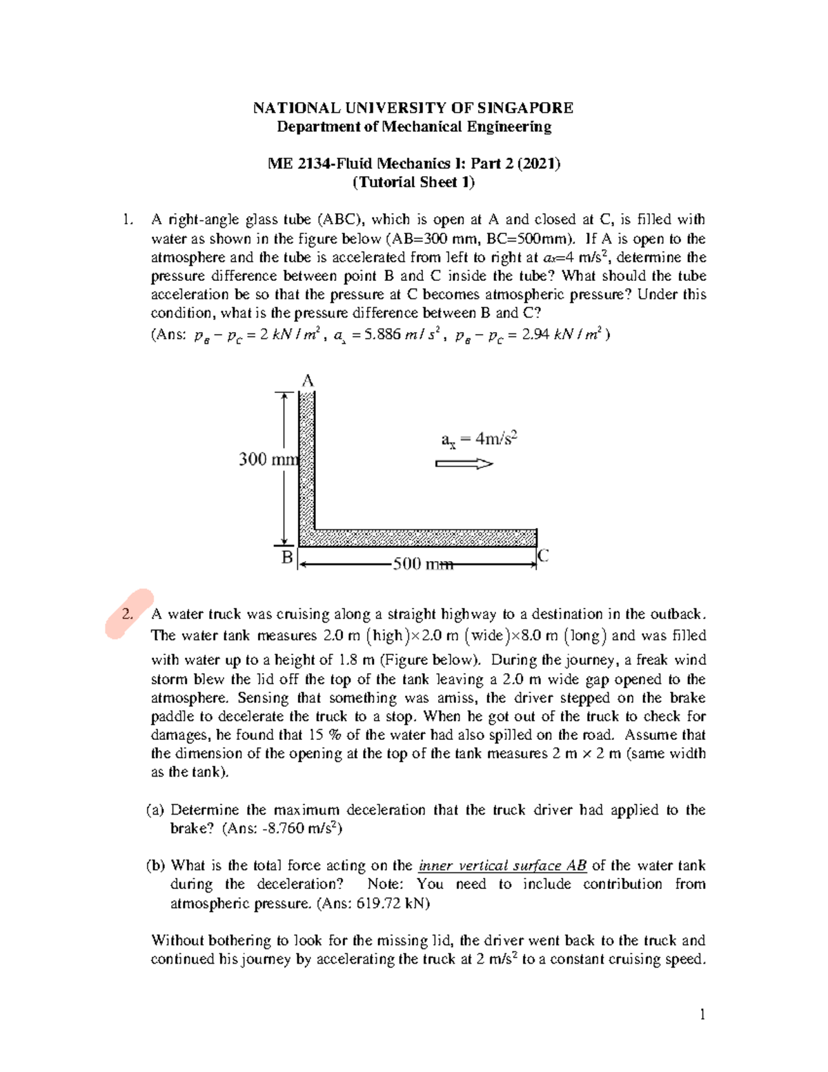 Me2134 Part 2 Tutorial 1 Me2134 Nus Studocu