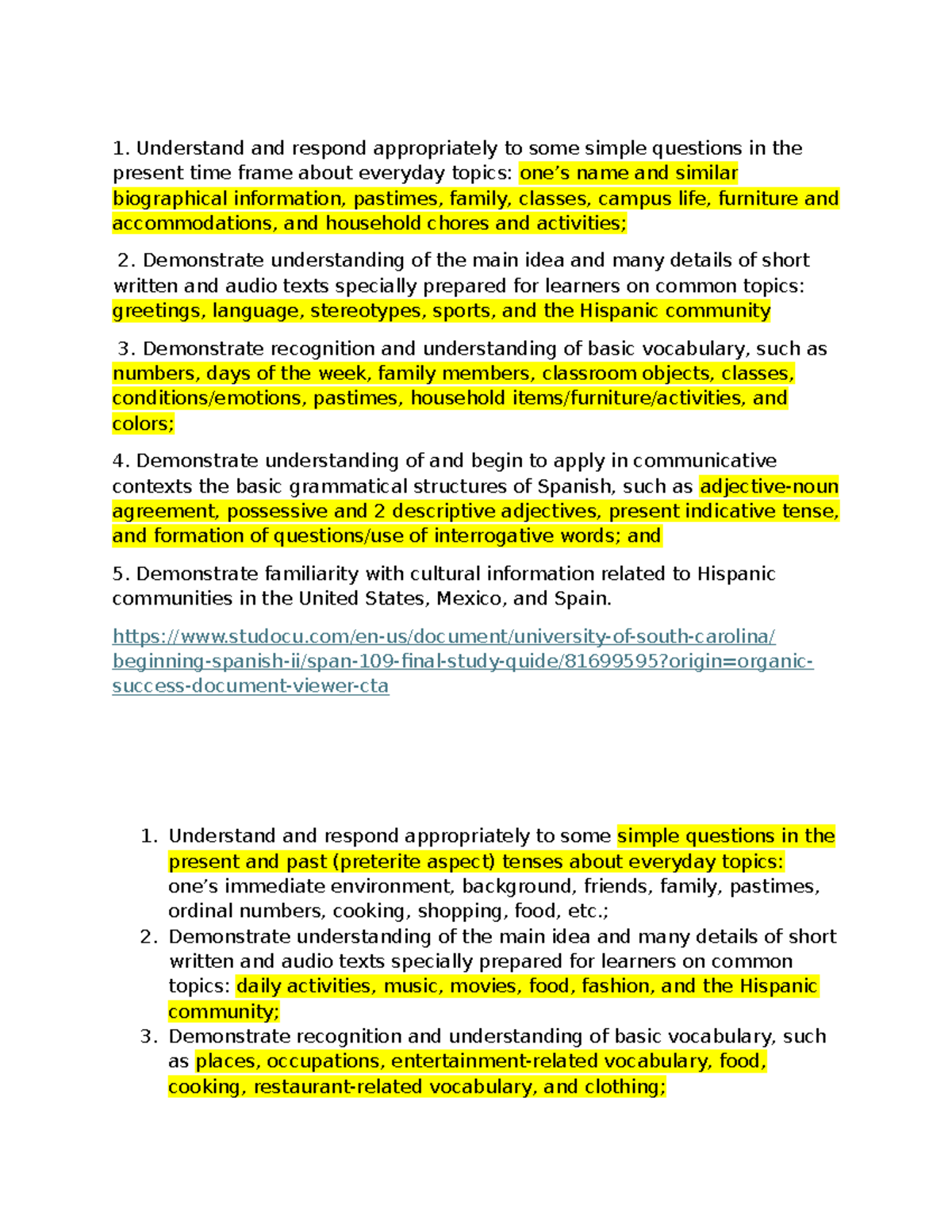 Spanish Objectives - course summaries - Understand and respond ...