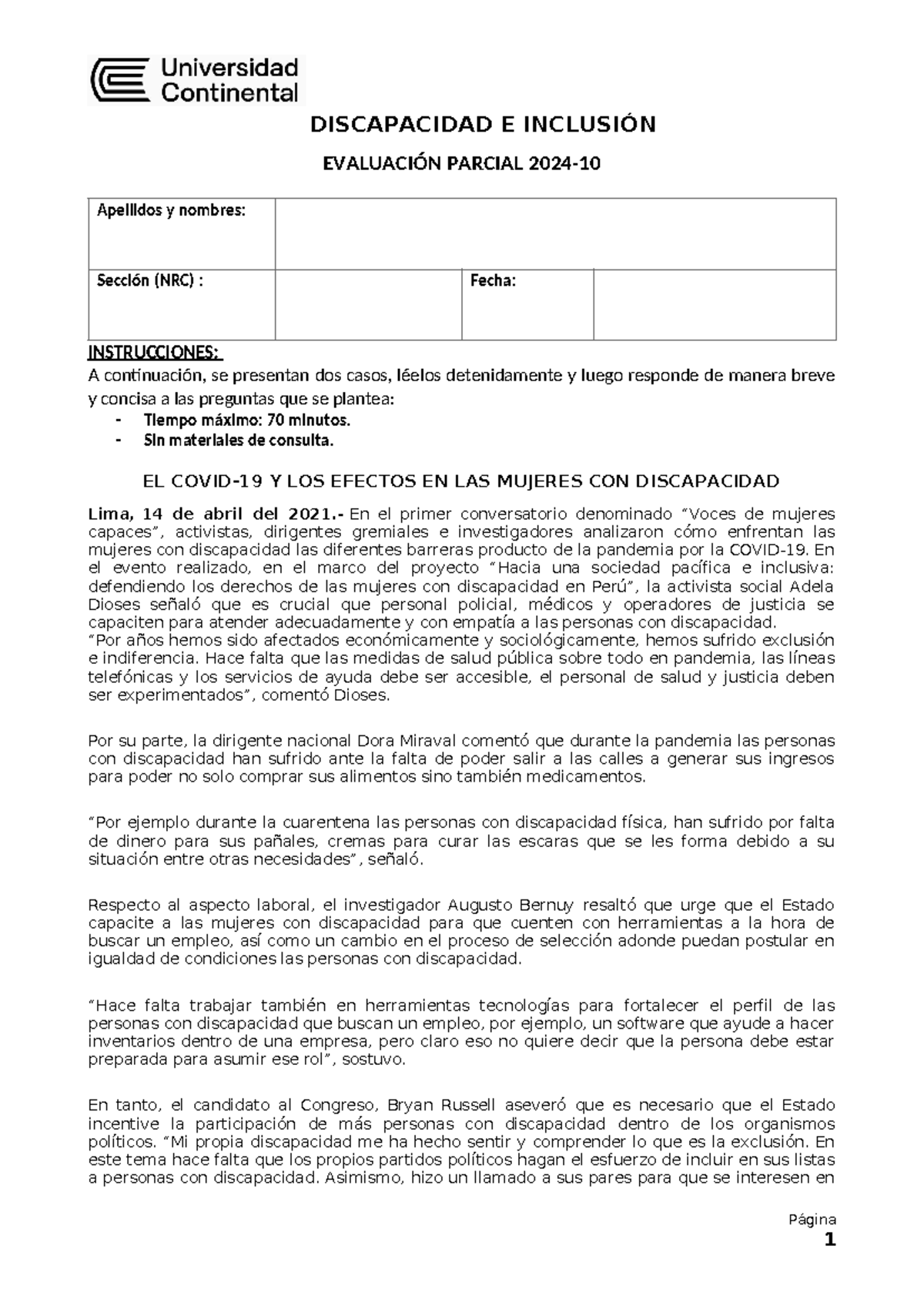 Evaluación parcial 2024-C - EVALUACIÓN PARCIAL 2024- Apellidos y nombres: Sección (NRC) : Fecha ...