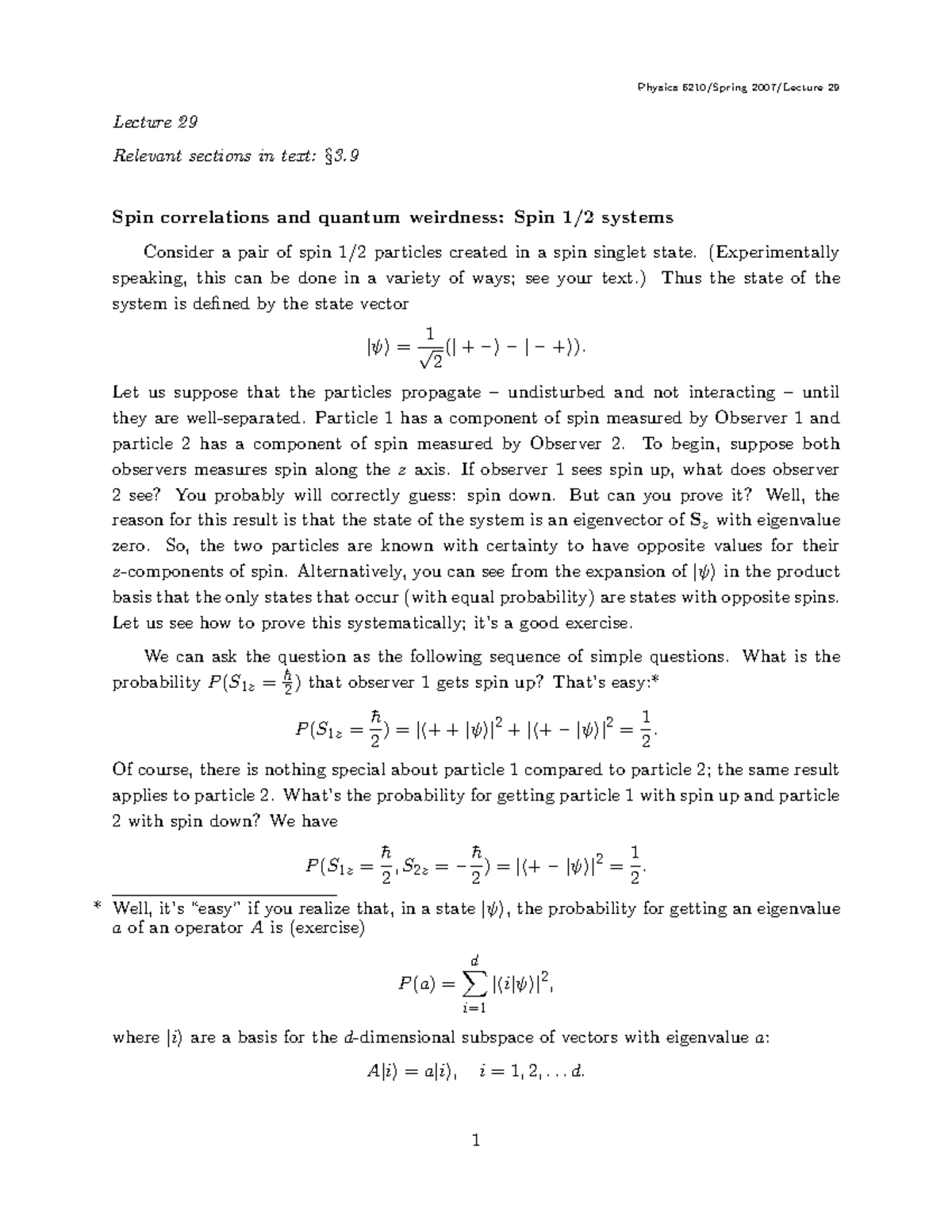 29.pdf spin half system - Lecture 29 Relevant sections in text:§3. Spin ...