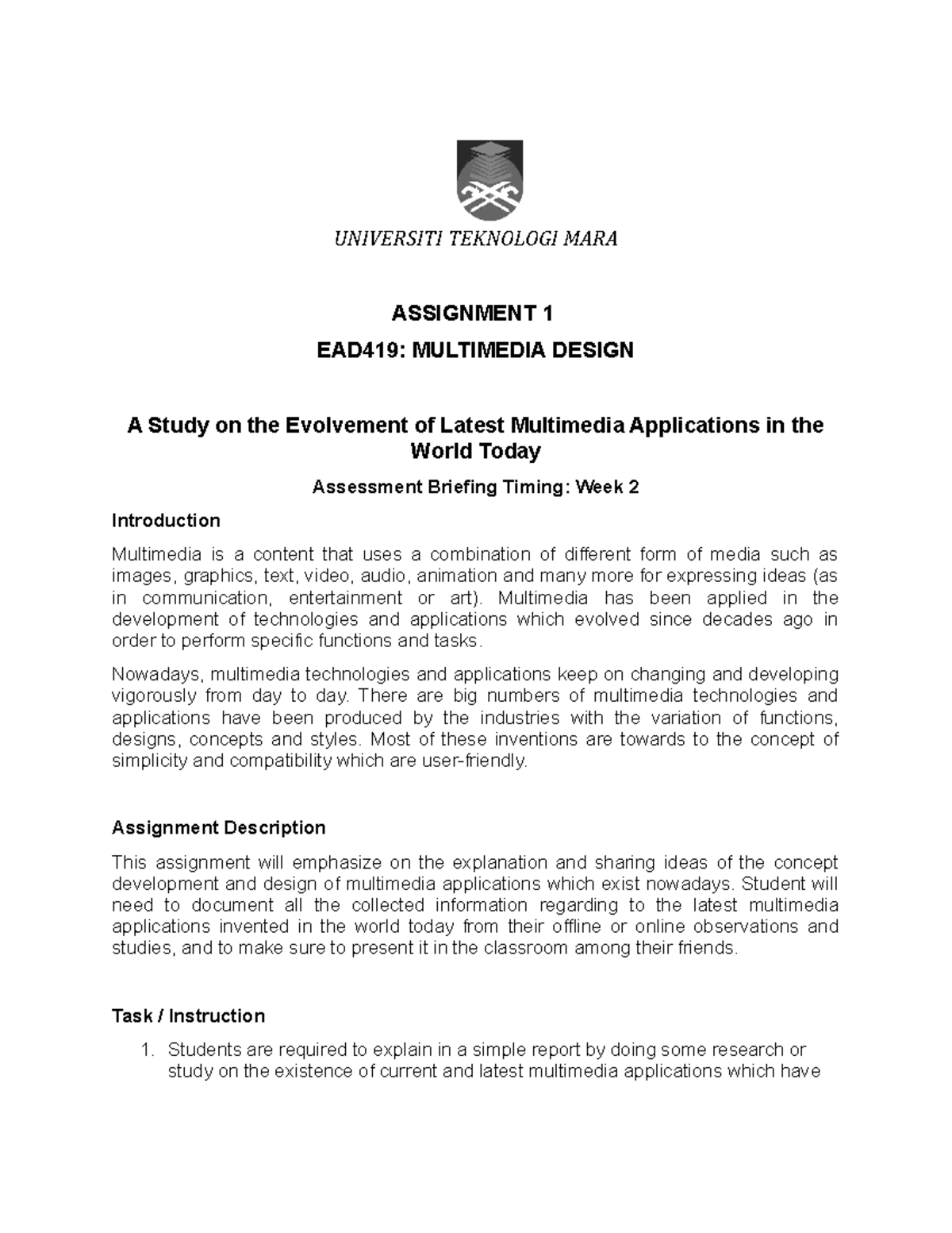 Assignment 1 Brief - UNIVERSITI TEKNOLOGI MARA ASSIGNMENT 1 EAD419 ...