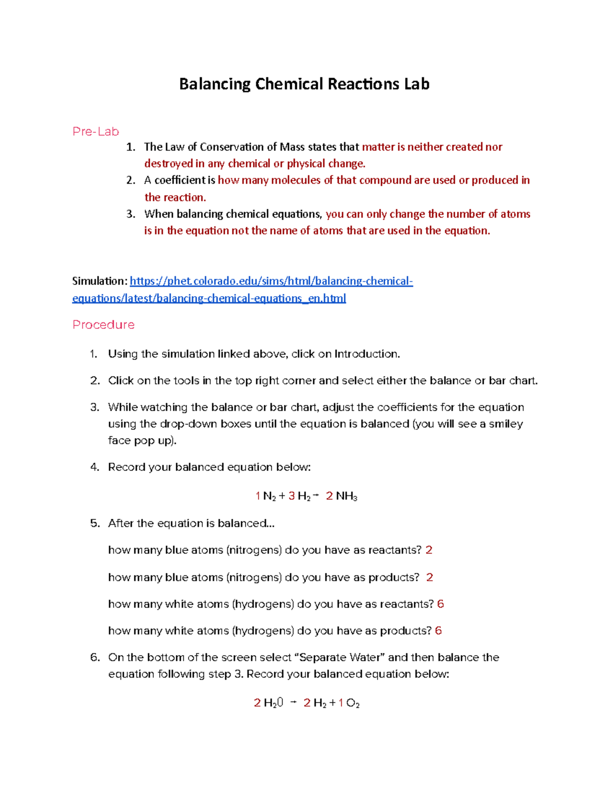 Balancing Chemical Reactions Lab - Balancing Chemical Reactions Lab Pre ...