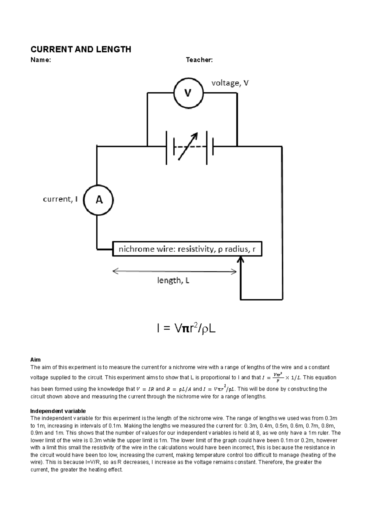 Current AND Length - investigation - CURRENT AND LENGTH Name: Teacher ...