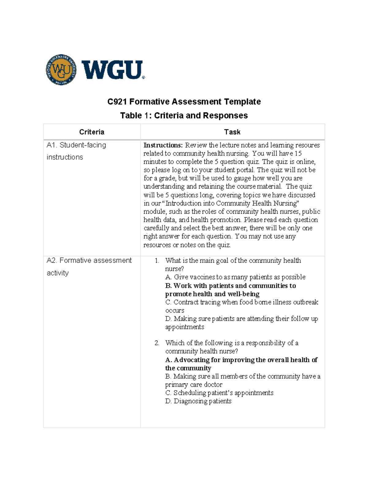 Task 1 Assessment Template - C921 Formative Assessment Template Table 1 : Criteria and Responses ...