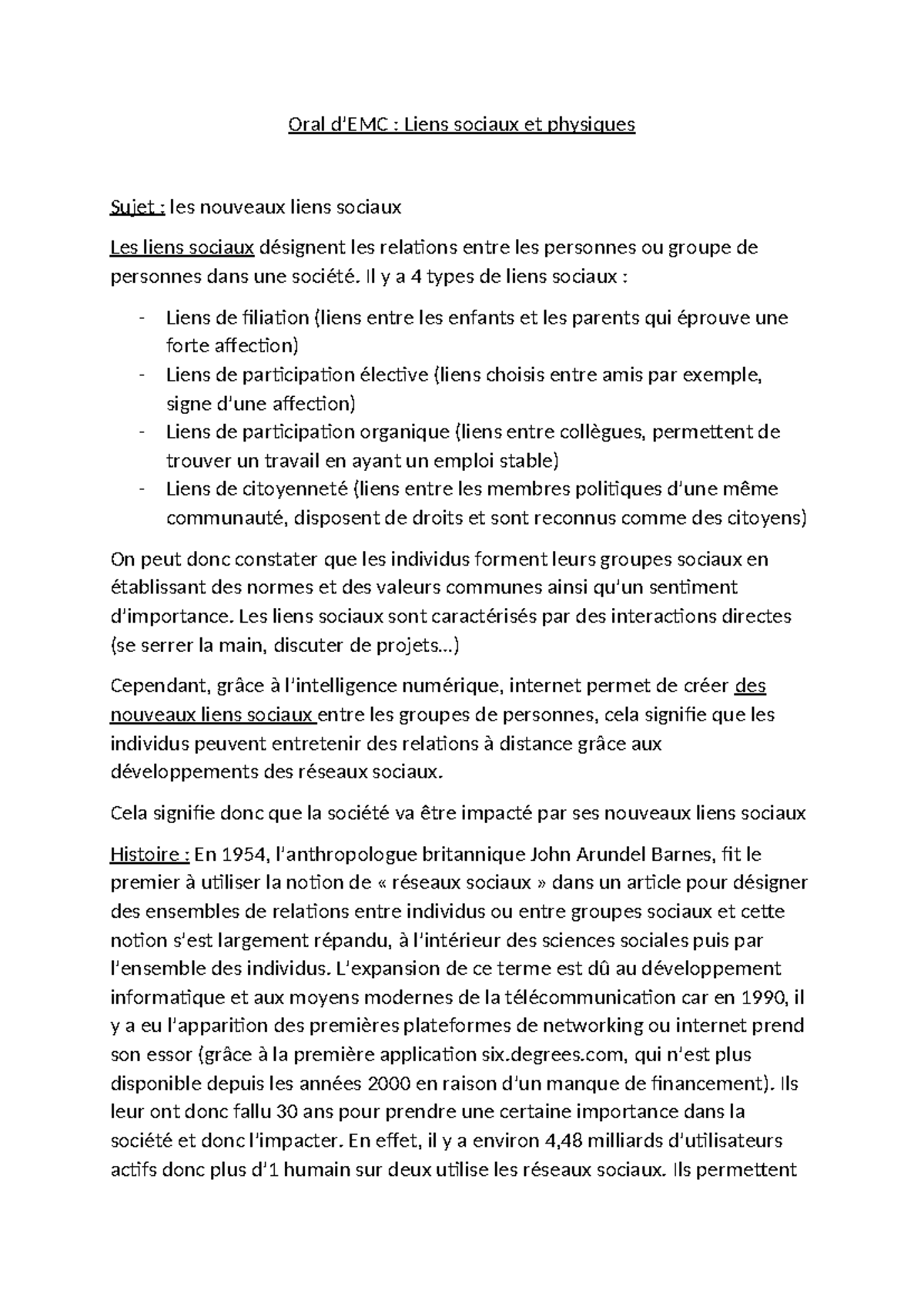 Oral emc - ... - Oral d’EMC : Liens sociaux et physiques Sujet : les ...