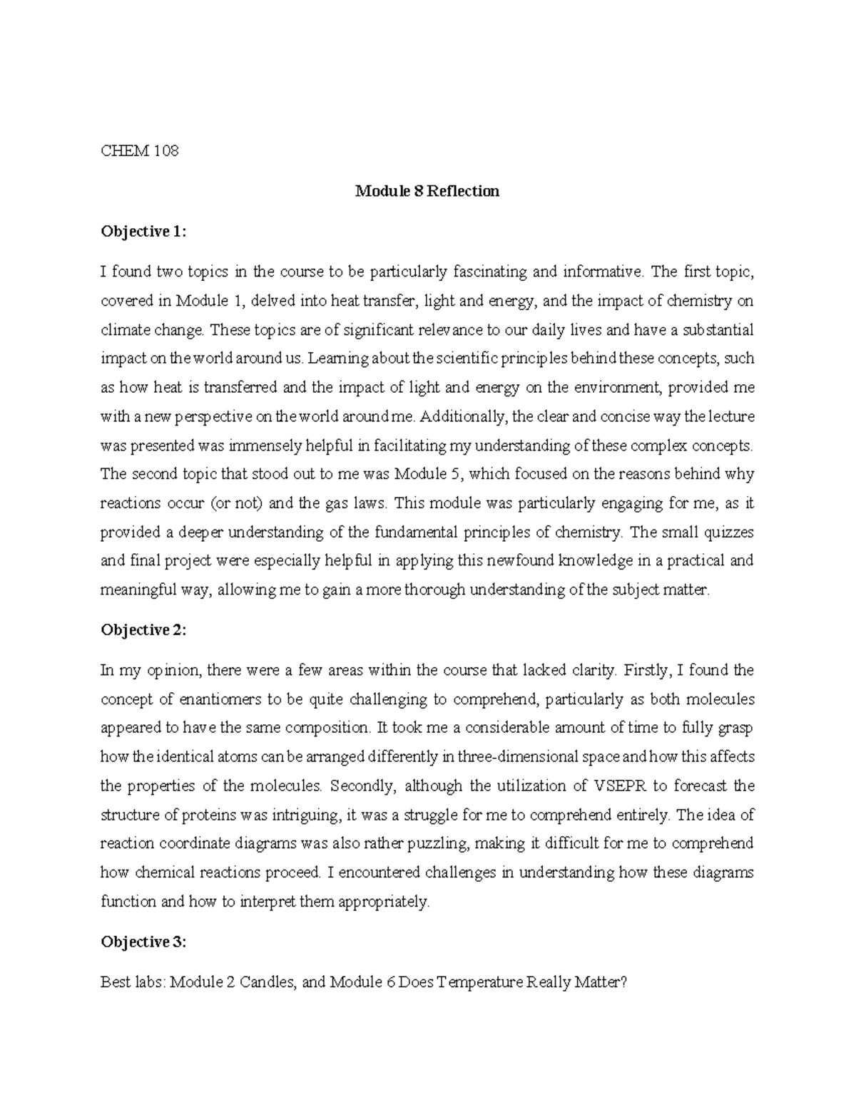 CHEM 108 Weekly Reflection 8 - CHEM 108 Module 8 Reflection Objective 1 ...