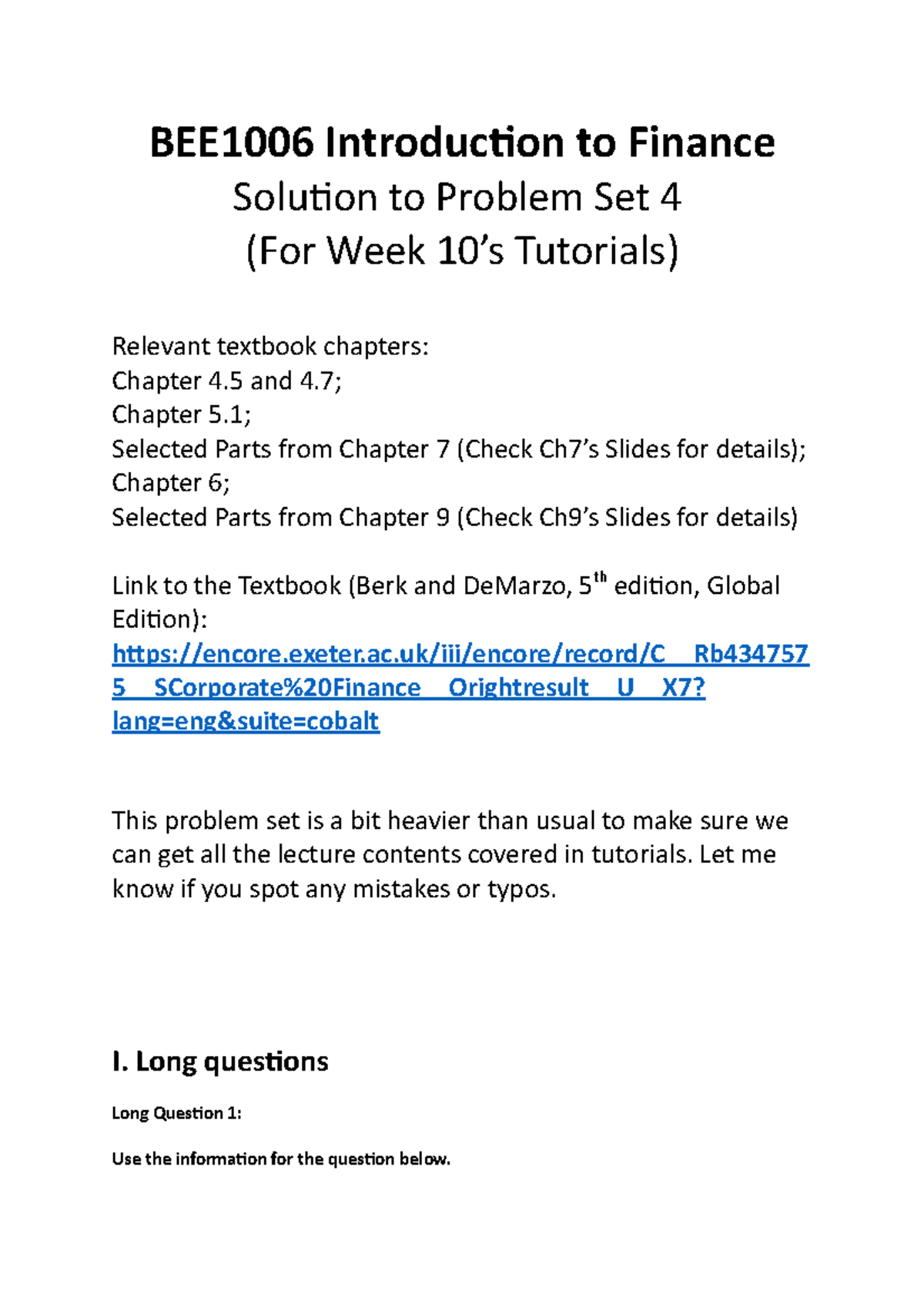 Problem Set 4 - tutorial - BEE1006 Introduction to Finance Solution to ...