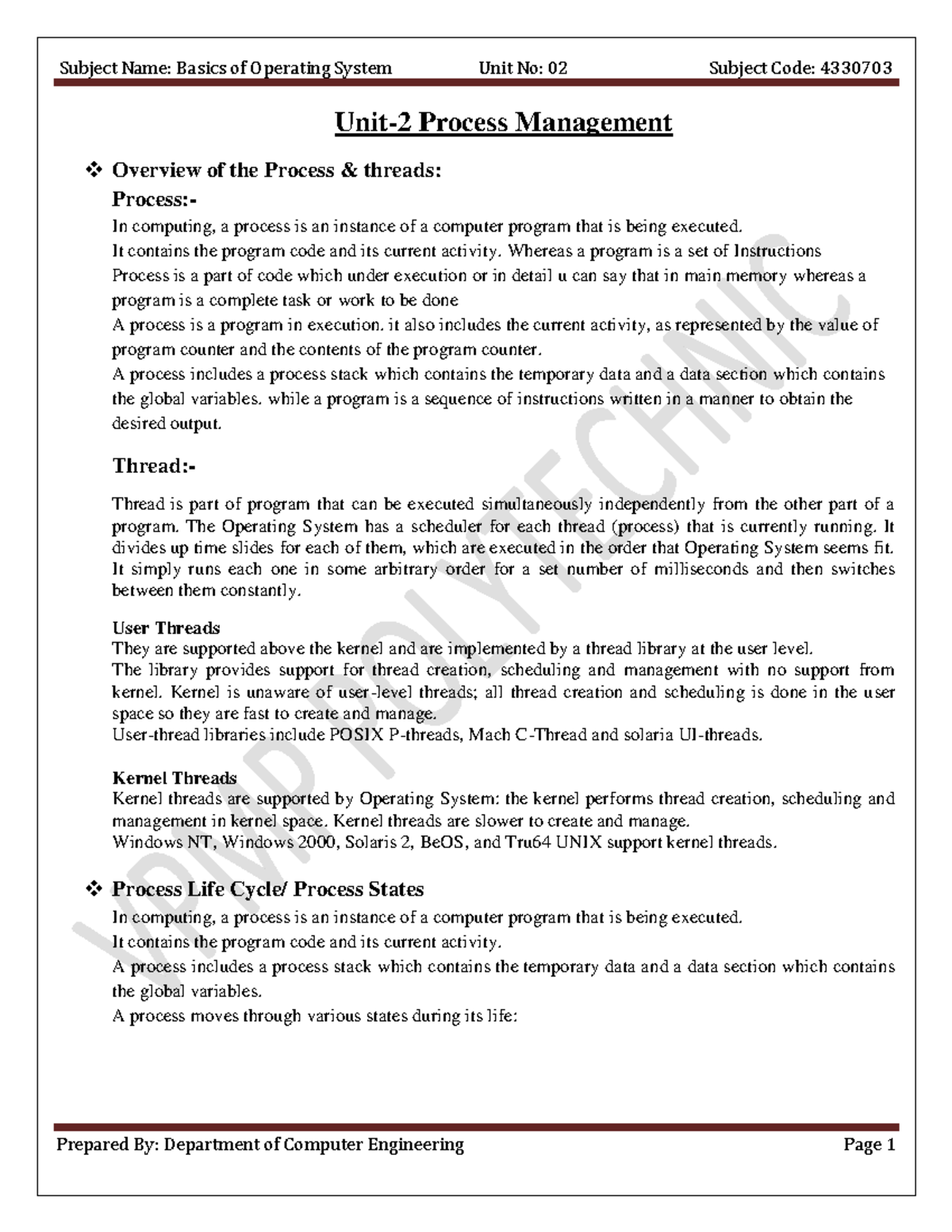 Os-unit-2 - Easy notes - Unit- 2 Process Management Overview of the ...