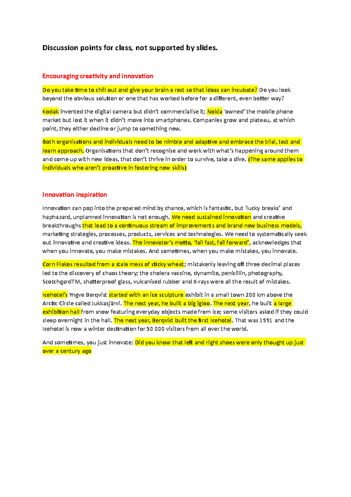 Talking and discussion notes for Class, week 2 - Discussion points for ...