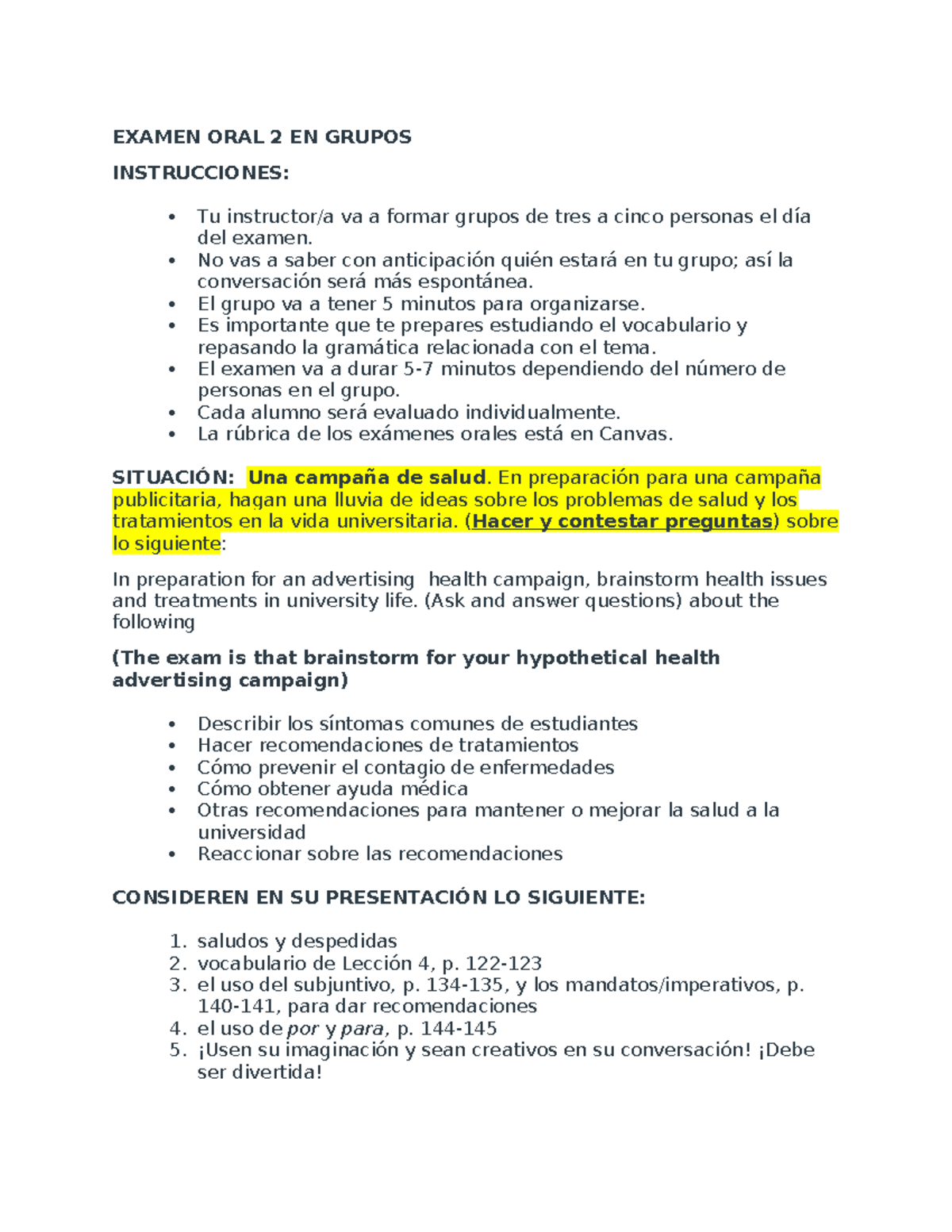 Examen ORAL 2 EN Grupos - span 211 oral exam 2 prompt - EXAMEN ORAL 2 ...