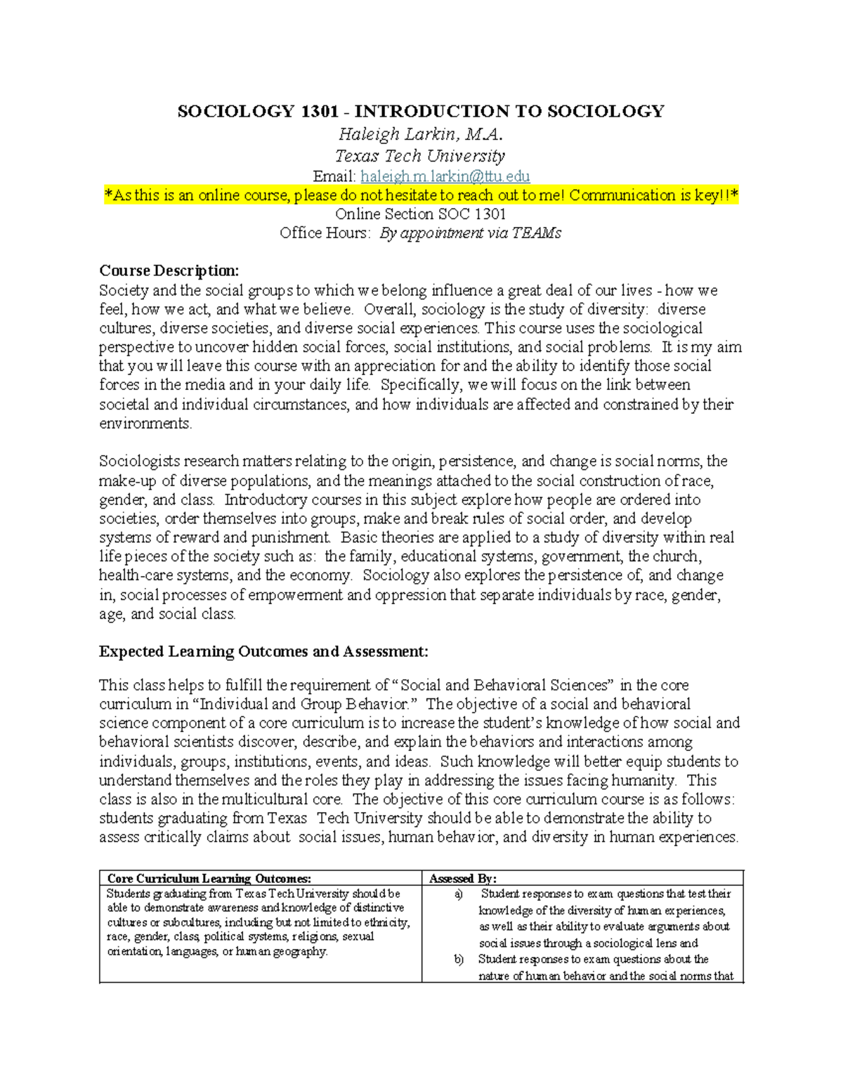 Sociology 1301Fall2024syllabus - SOCIOLOGY 1301 - INTRODUCTION TO ...