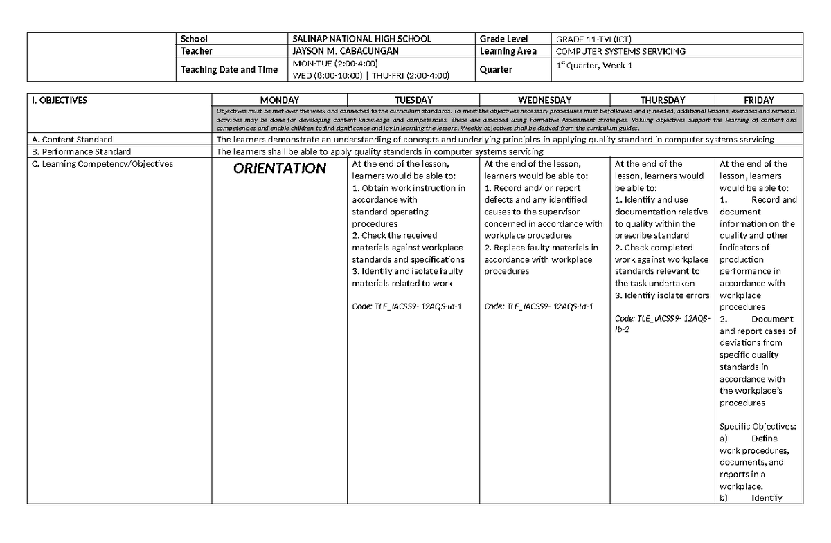 1Q DLL CSS11 week1 - Week 1 Daily Lesson Log on Computer Systems Servicing 1 - School SALINAP ...