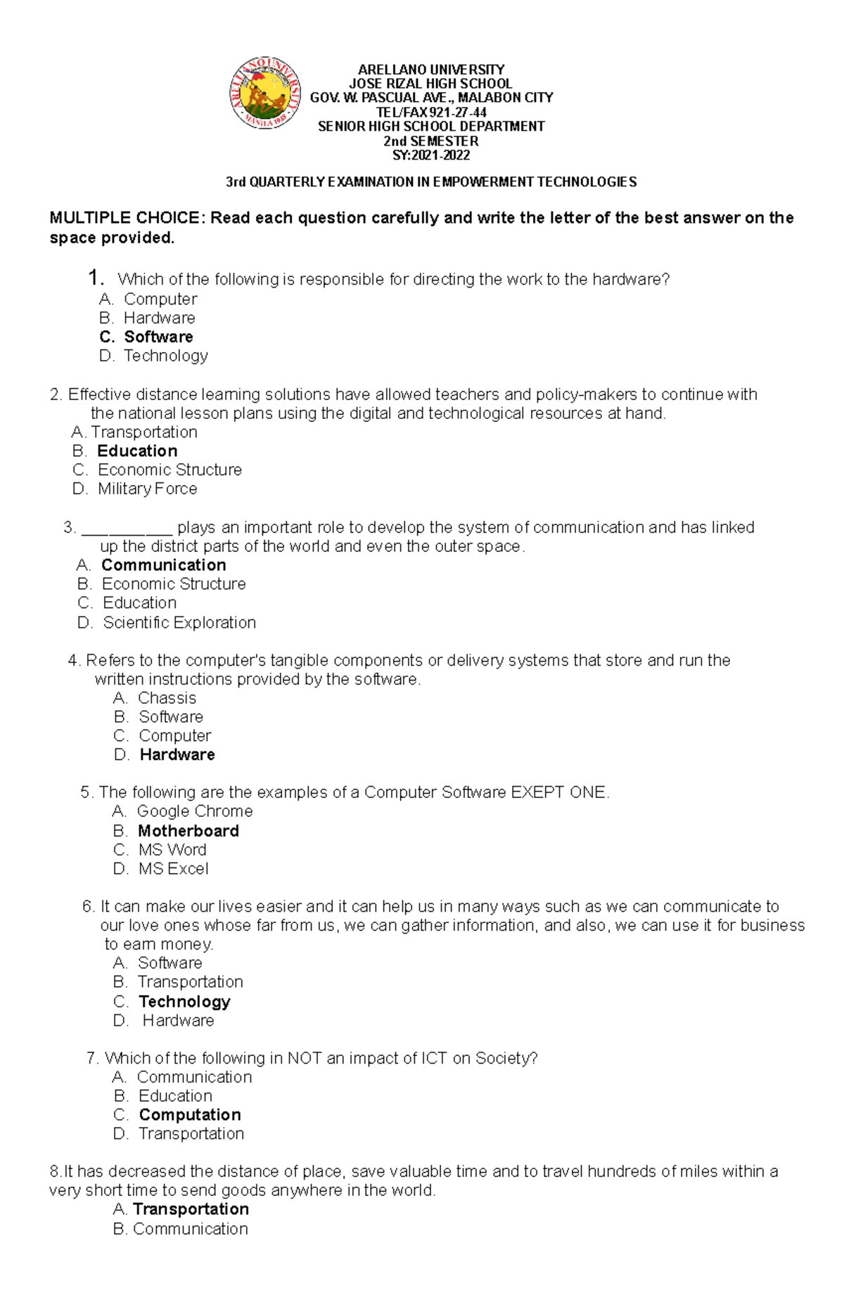 3rd Quarterly Examination IN Empowerment Technologies - ARELLANO ...