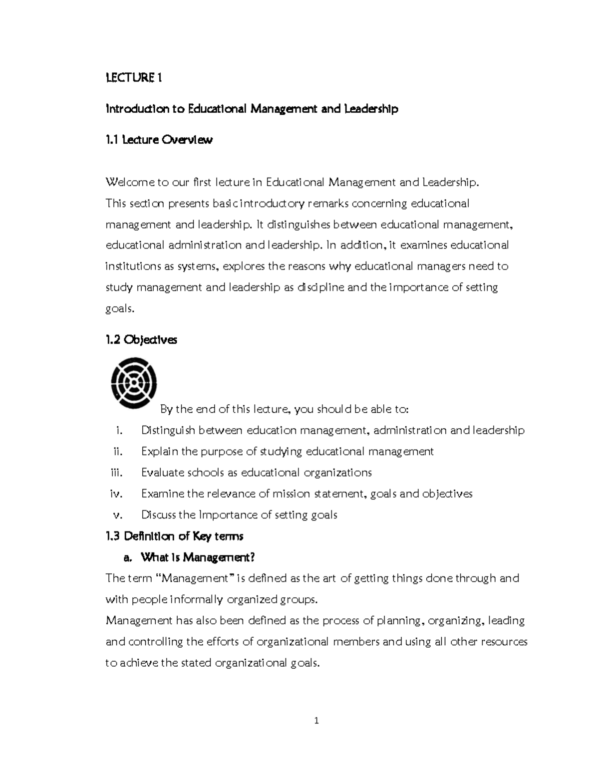 Lecture 1 EDUC 312 - LECTURE 1 Introduction to Educational Management ...