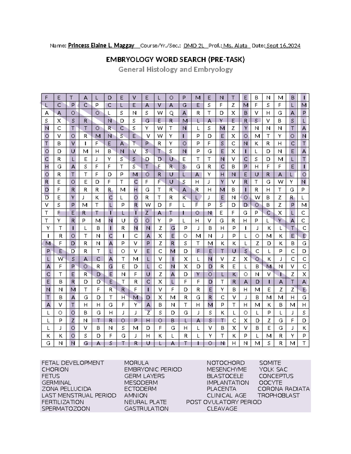 Updated Embryo Wordsearch -1 - Name: Princess Elaine L. Maggay Course ...