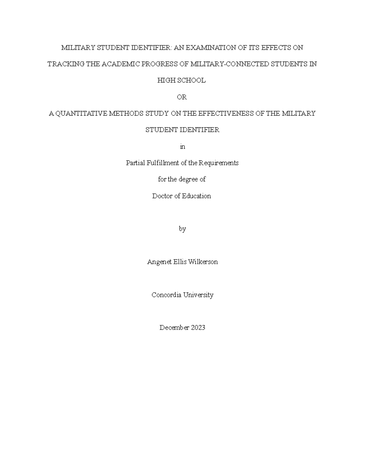 Angenet's Proposal reviewed - MILITARY STUDENT IDENTIFIER: AN ...