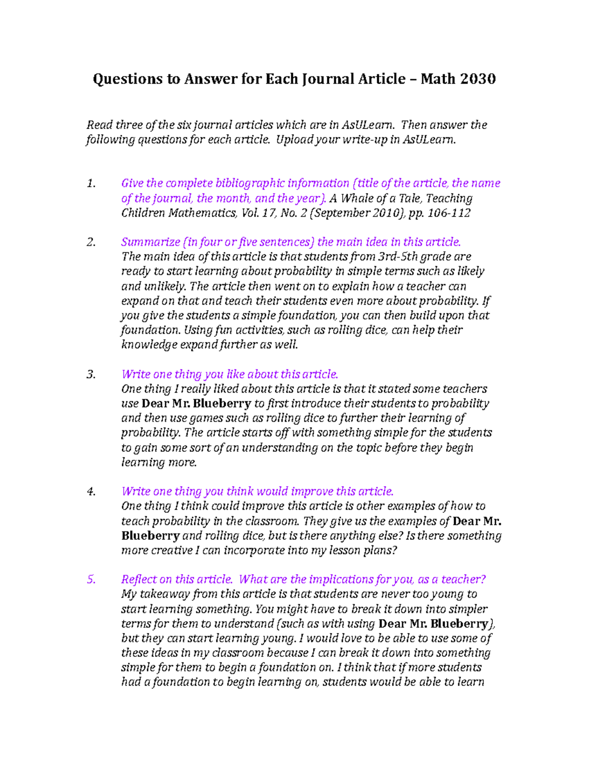 Article Questions – Math 2030 - Questions to Answer for Each Journal ...