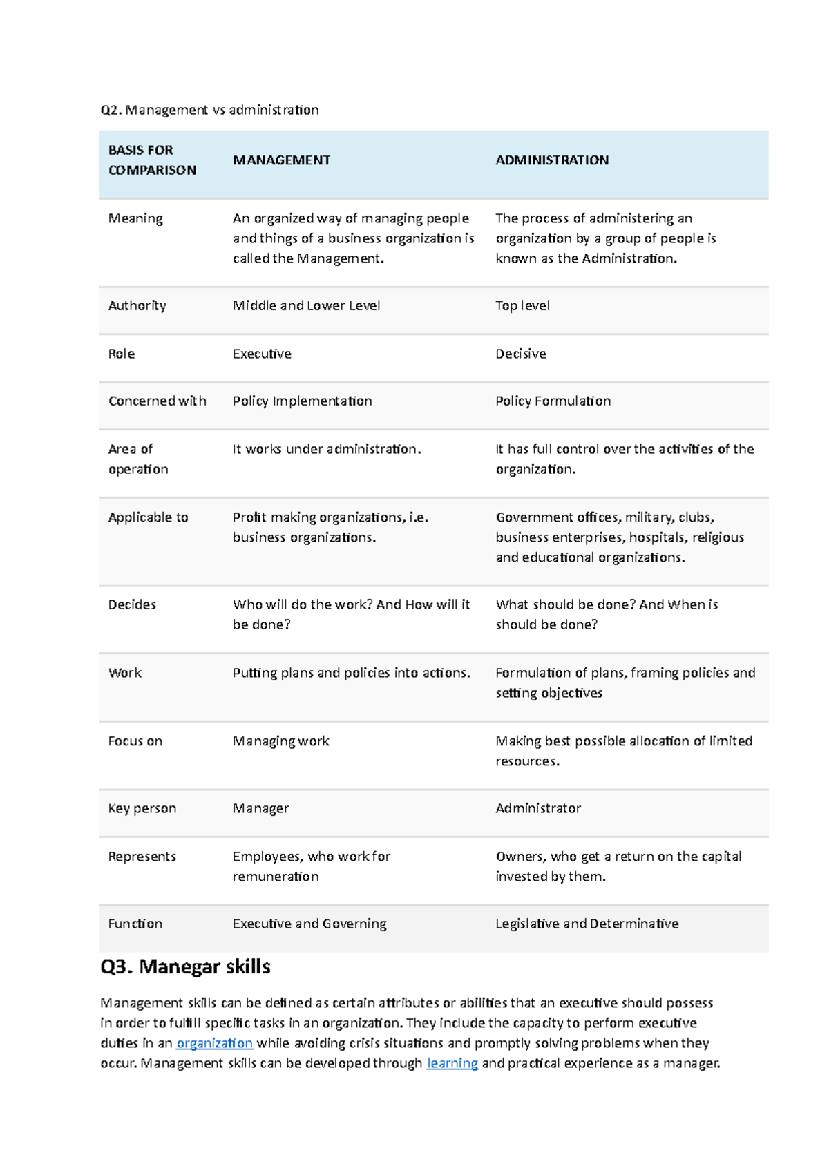 OB QSET - class note for 1st year - Q2. Management vs administration ...