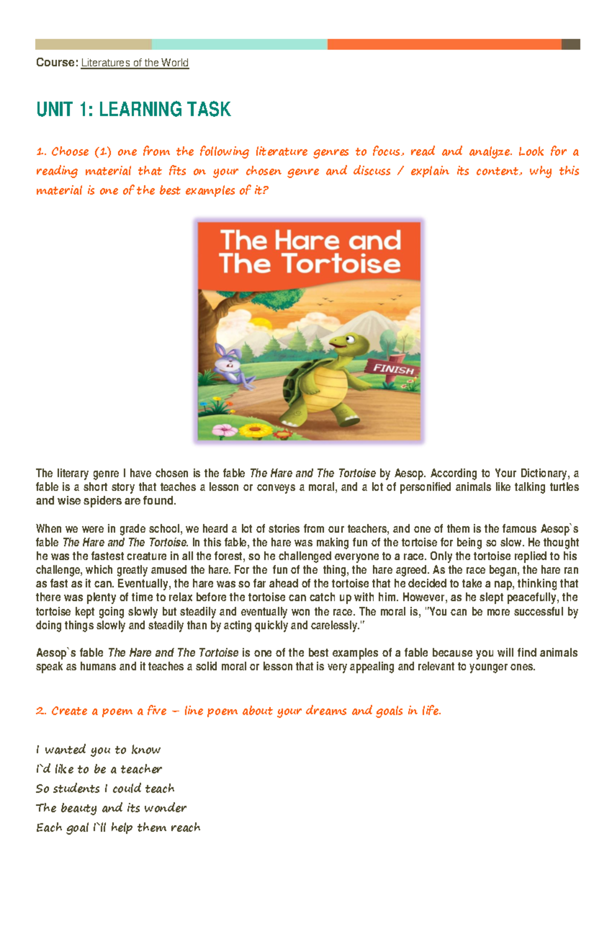 The Hare and the Tortoise - Course: Literatures of the World UNIT 1 ...