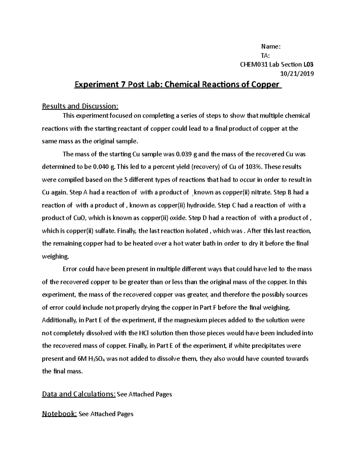 Lab 7 Post Lab Chemical Reactions of Copper - Name: TA: CHEM031 Lab ...