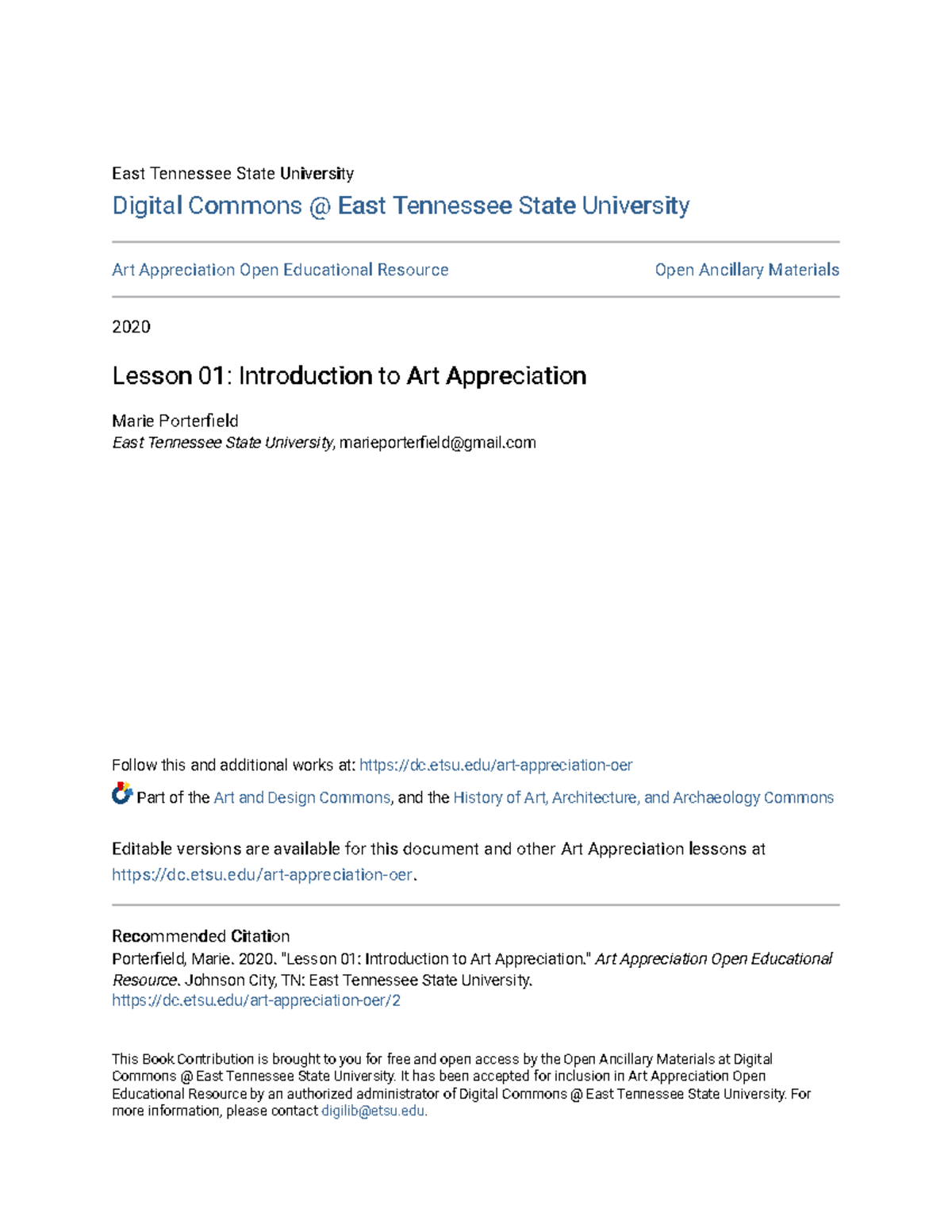 Lesson 01 Introduction to Art Appreciation - East Tennessee State ...