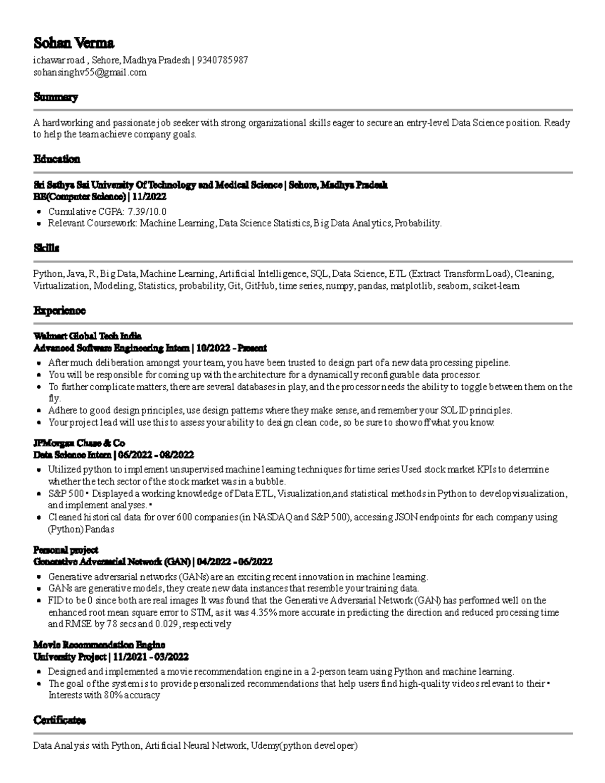 Sohan Verma Resume - Summary A hardworking and passionate job seeker ...
