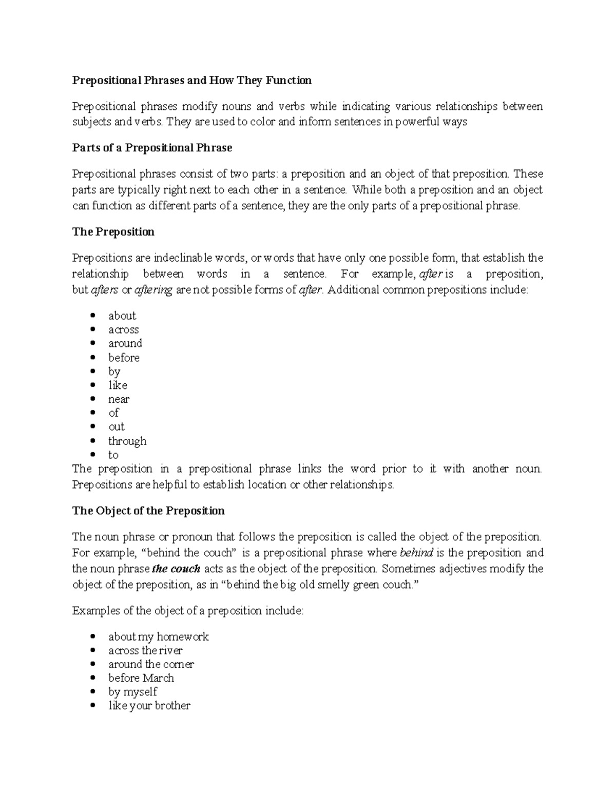 AEN 2310 - Prepositional Phrases and How They Function Prepositional ...