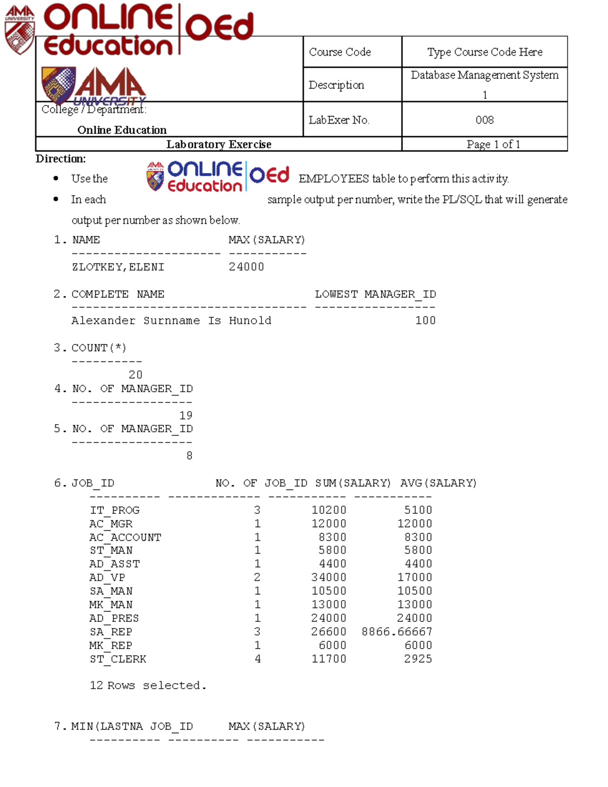 Laboratory Exercise 008 - Course Code Type Course Code Here Description ...