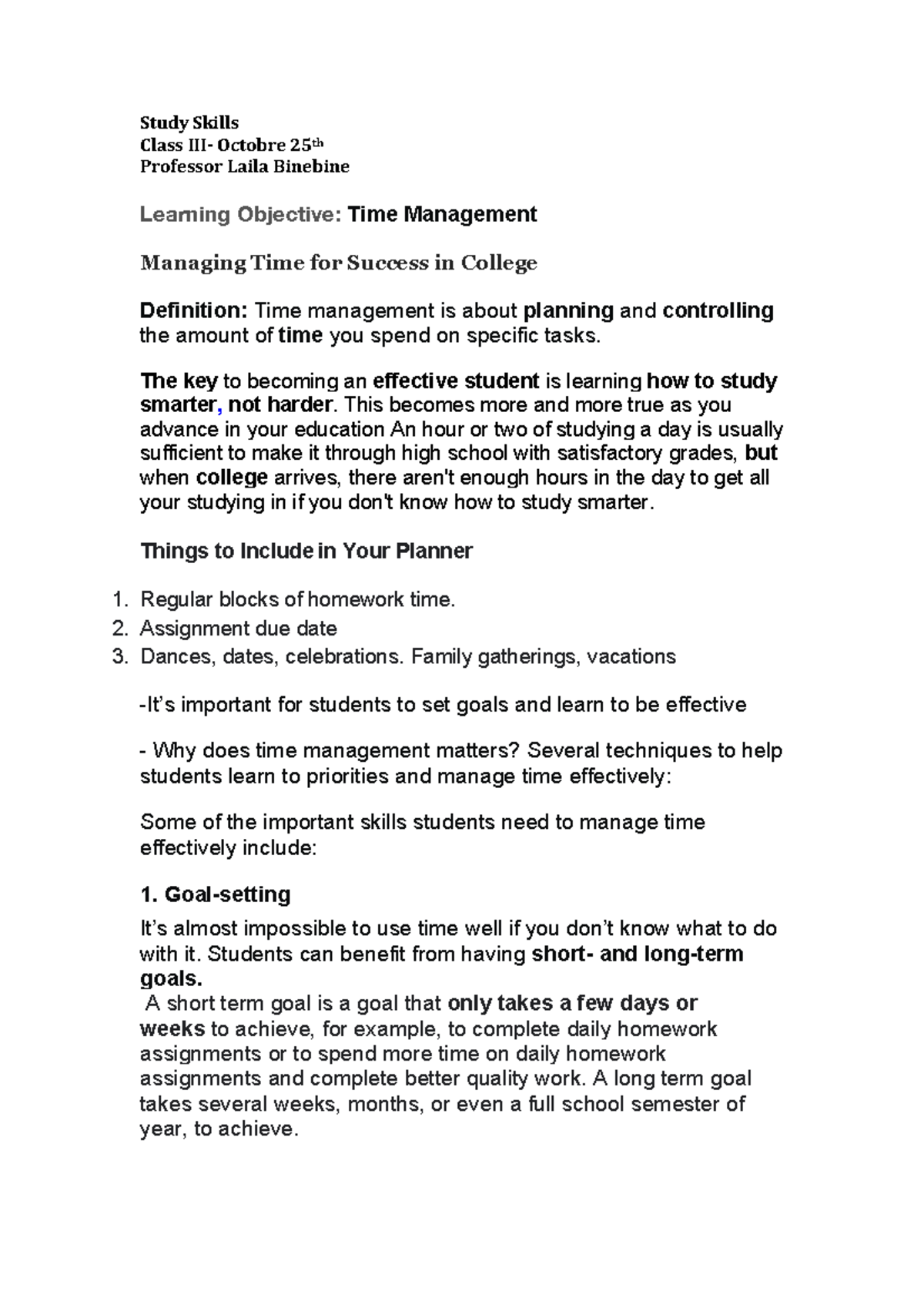 3-Time Management - Study Skills Class III- Octobre 25th Professor ...