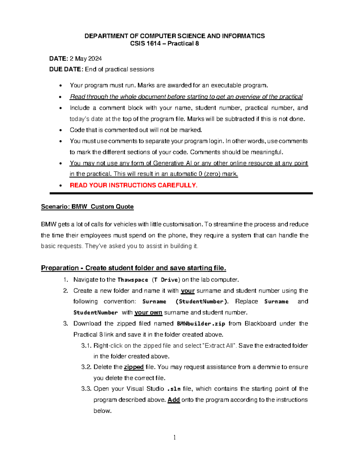 CSIS1614 Practical 8 2024 Instructions - 1 DEPARTMENT OF COMPUTER SCIENCE AND INFORMATICS CSIS 1 ...